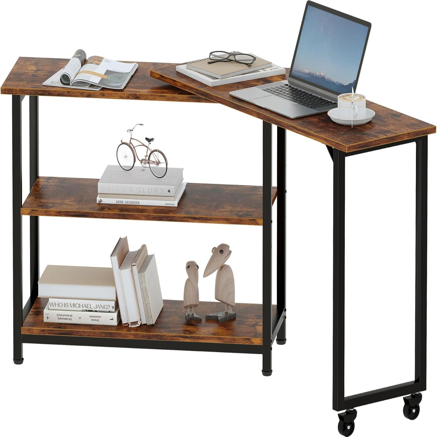 ° Rolling Couch Desk Rotating L Shape Sofa with Swivel Top and 2 Tier ...