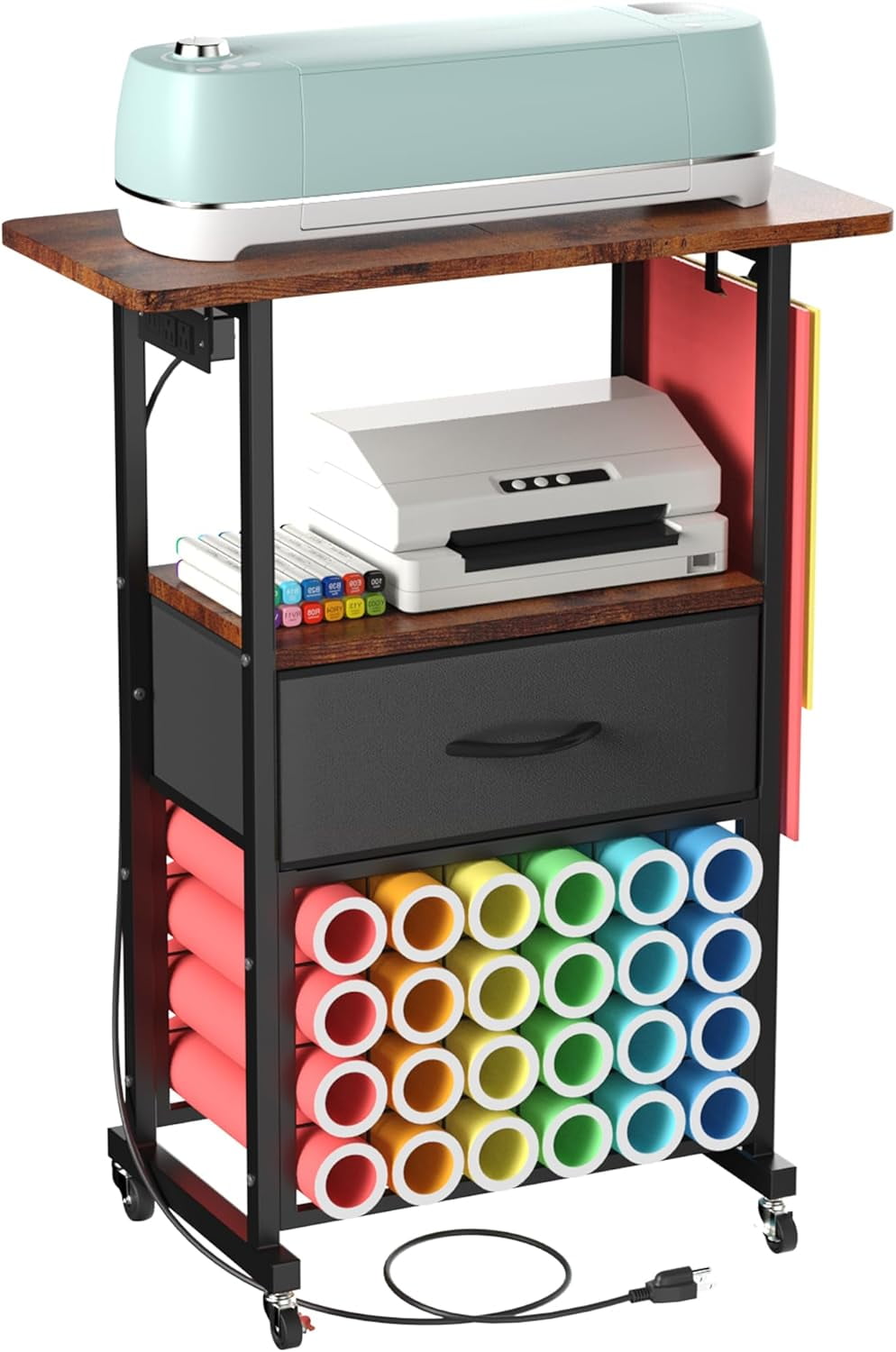 Rolling Craft Cart with Fabric Drawer & Charging Station, Craft ...
