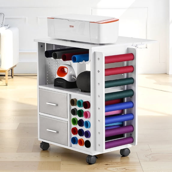 Rolling Craft Cart and Storage Table with 15 Vinyl Roll Holders, 2 ...
