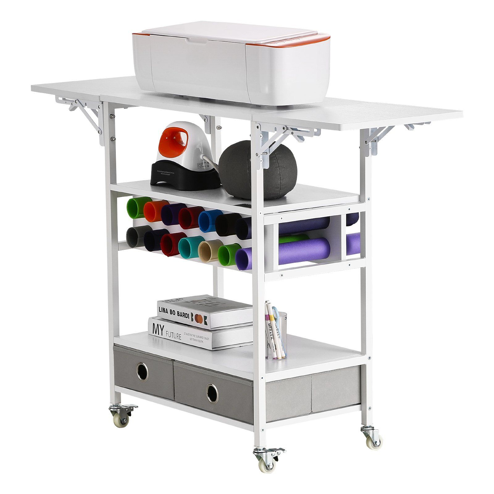 Rolling Craft Cart with 14 Vinyl Roll Holders and 2 Drawers, Foldable ...