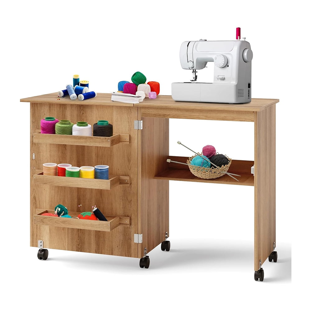 Rolling Craft Station Desk, Foldable Sewing Table with Shelves ...