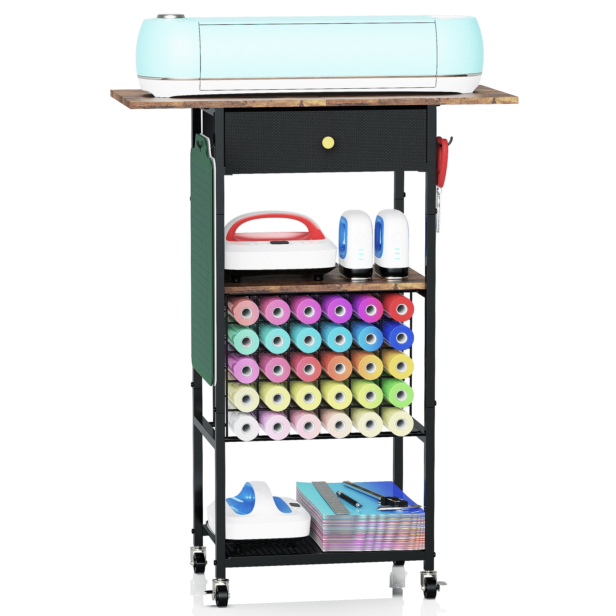 Rolling Craft Storage Table with 30 Vinyl Roll Holder and Drawer, Craft ...