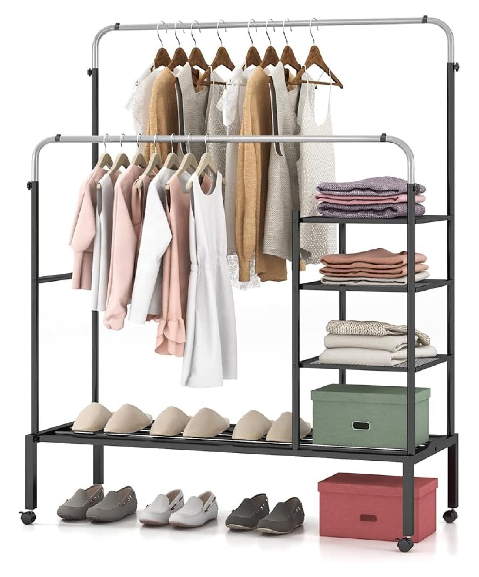 Rolling Double Rods Garment Rack, Clothes Drying Rack with Height ...