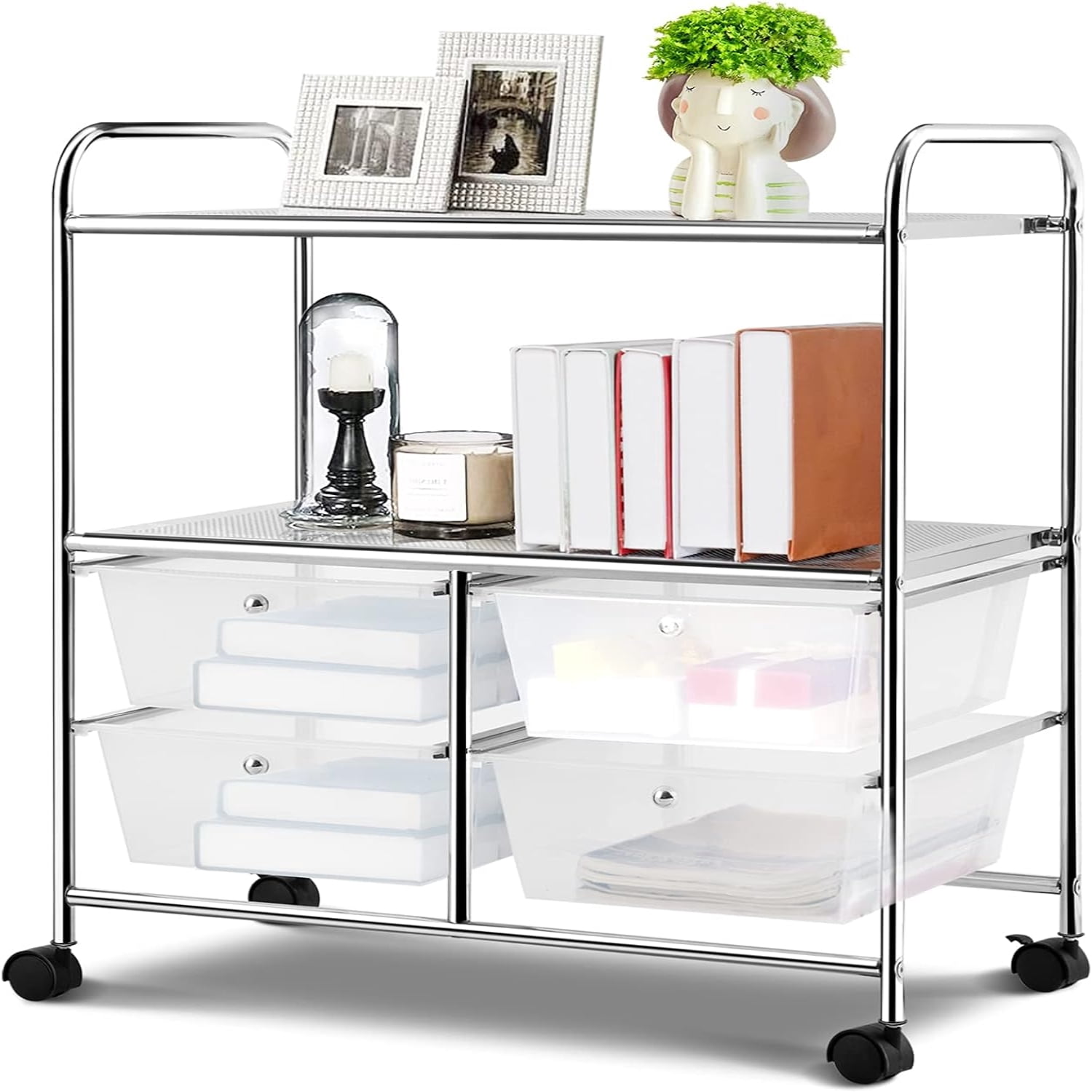 Rolling Drawers with 4 Drawers and 2 Shelves Utility Cart with Metal ...