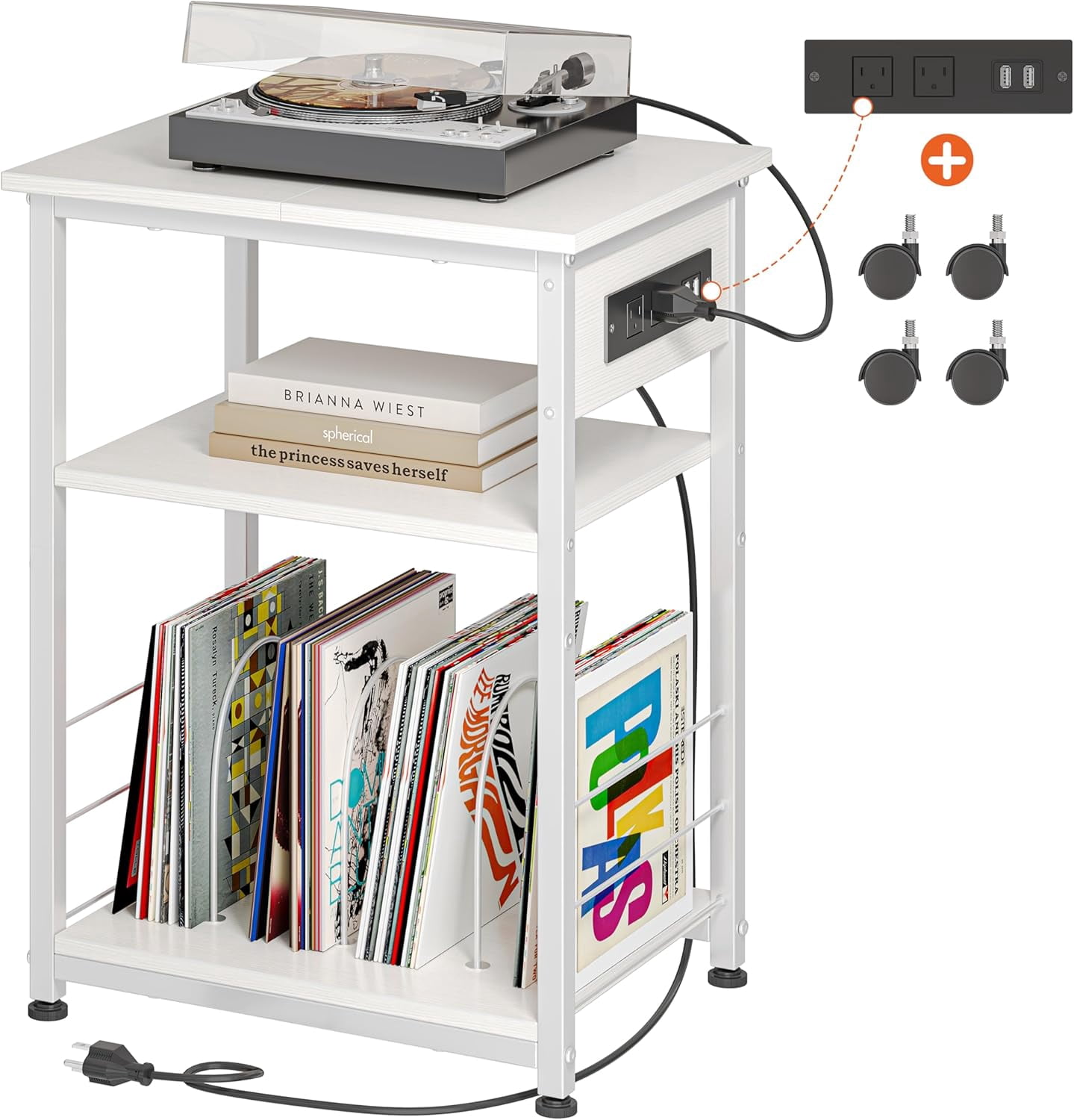 Rolling End/Bedside Table with 2 AC & 2 USB, 3-Tier Shelf for 150 Vinyl ...
