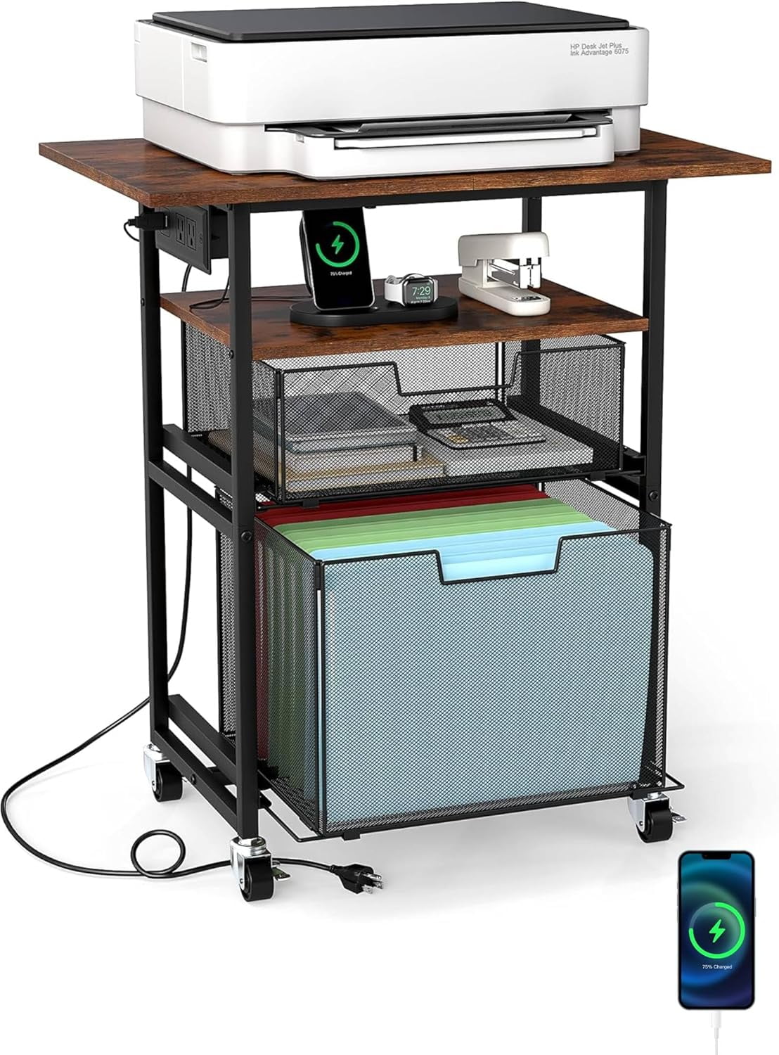 Rolling File Cabinet with 24'' Extended Desktop Power Outlets, Printer ...