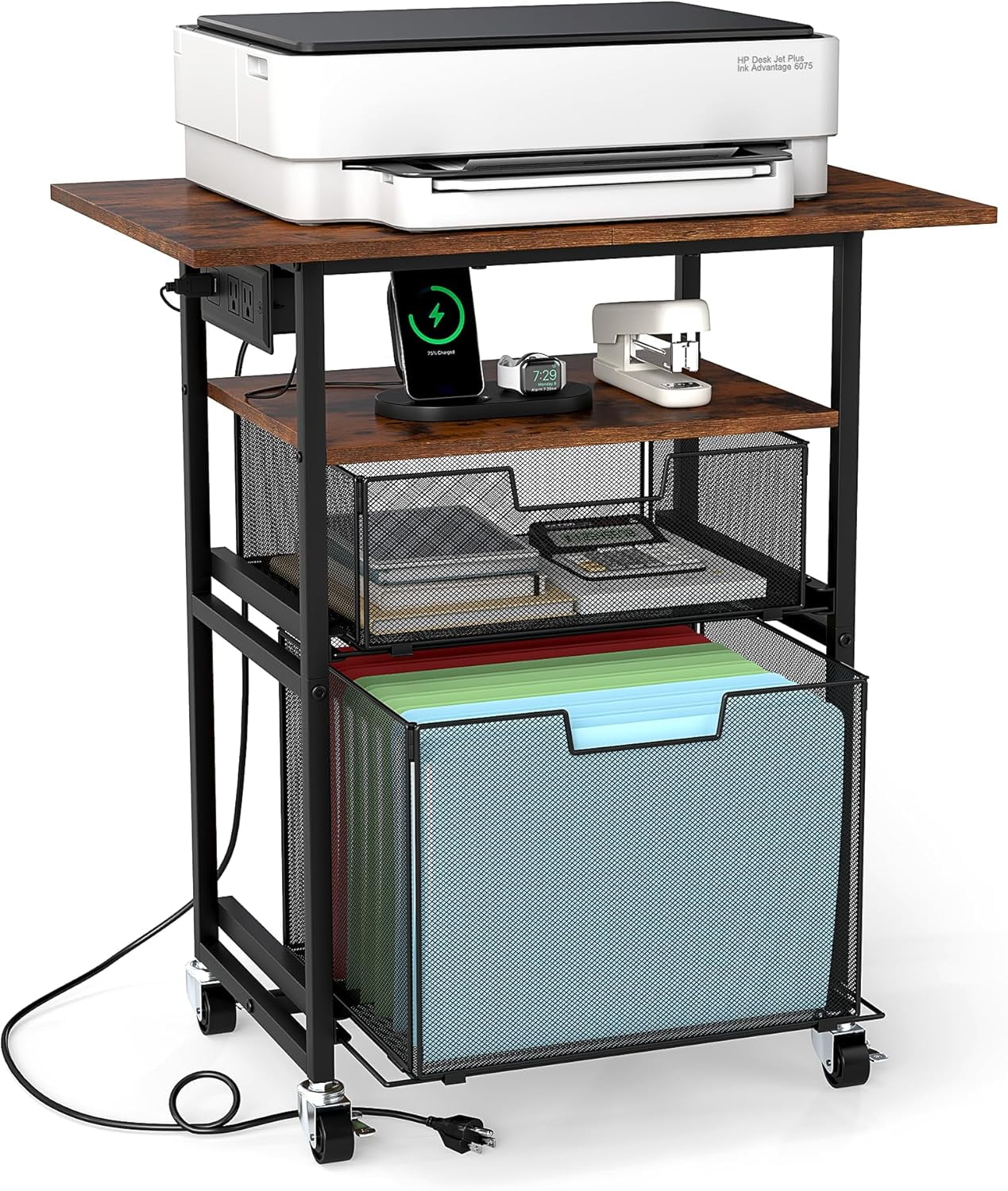 Rolling File Cabinet with 24'' Extended Desktop Power Outlets, Printer Stand with Storage 2 ...
