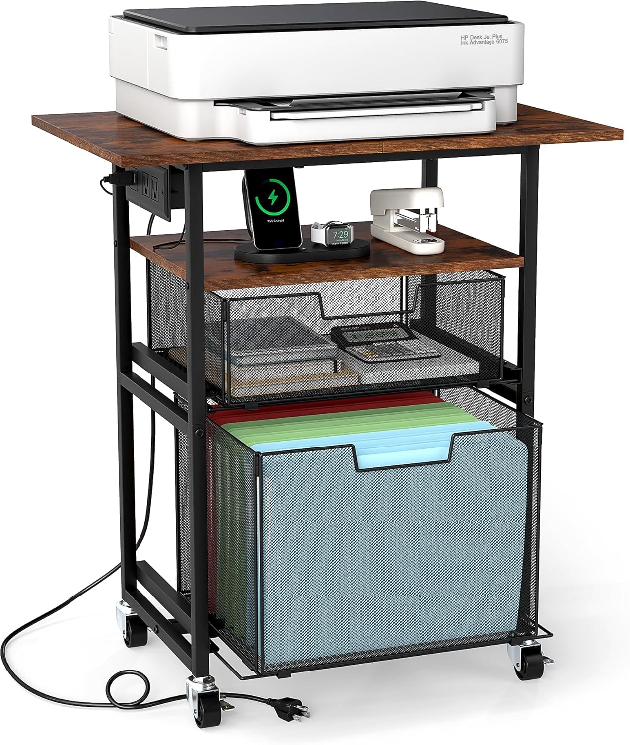 Rolling File Cabinet with 24'' Extended Desktop Power Outlets, Printer ...