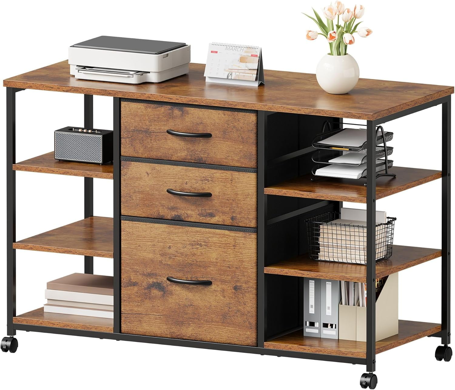 Rolling File Cabinet with 3 Fabric Drawers, Mobile Printer Stand with ...