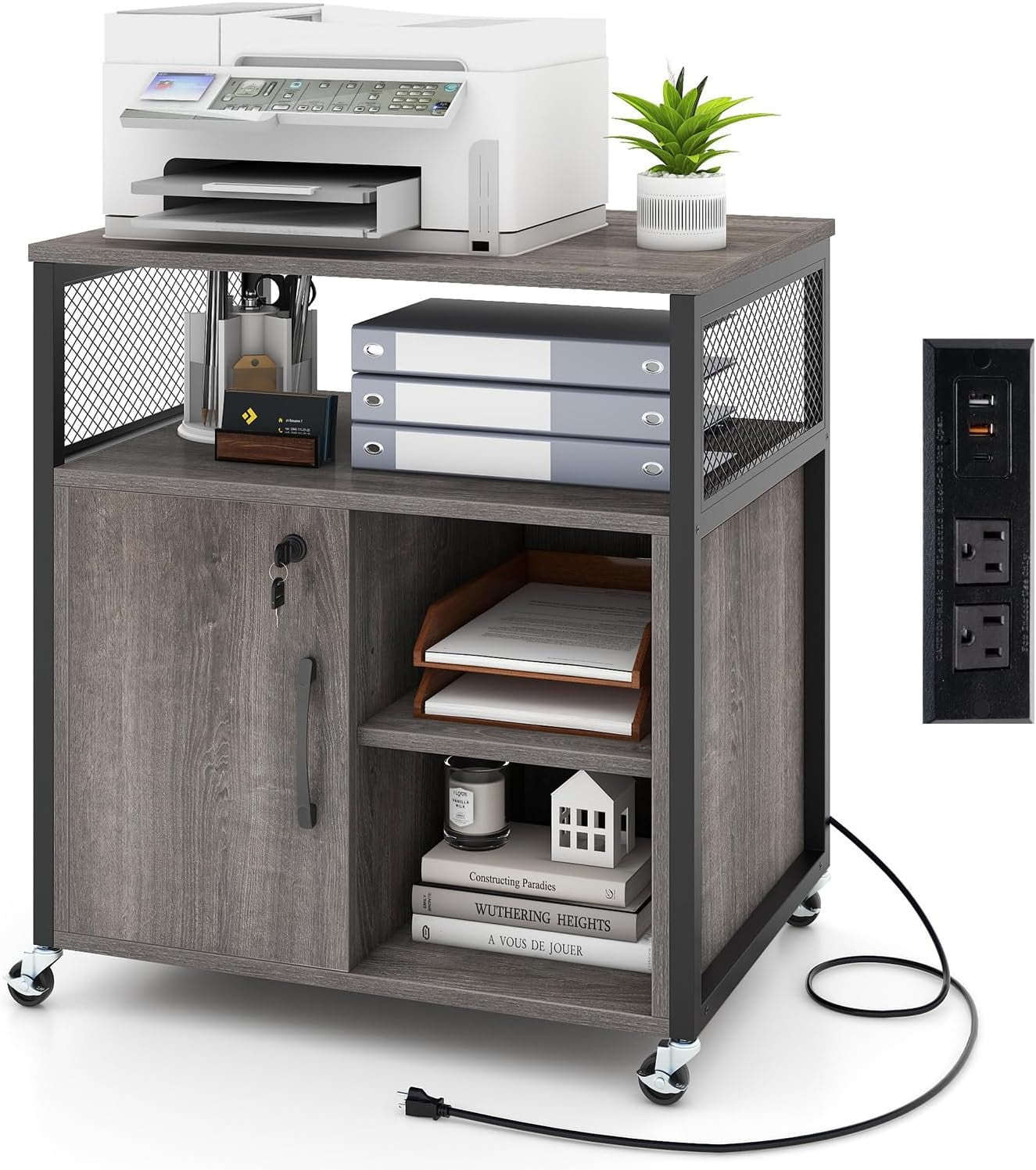Rolling File Cabinet with Charging Station, Mobile Lateral Filing ...