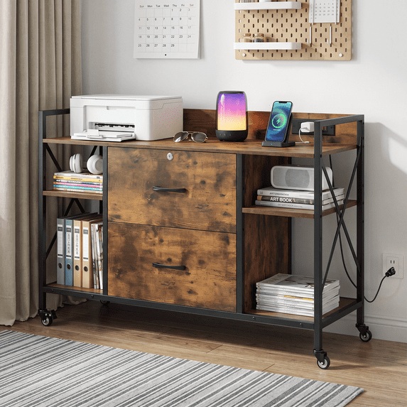 Rolling File Cabinet with Charging Station, 2 Lockable Drawers ...