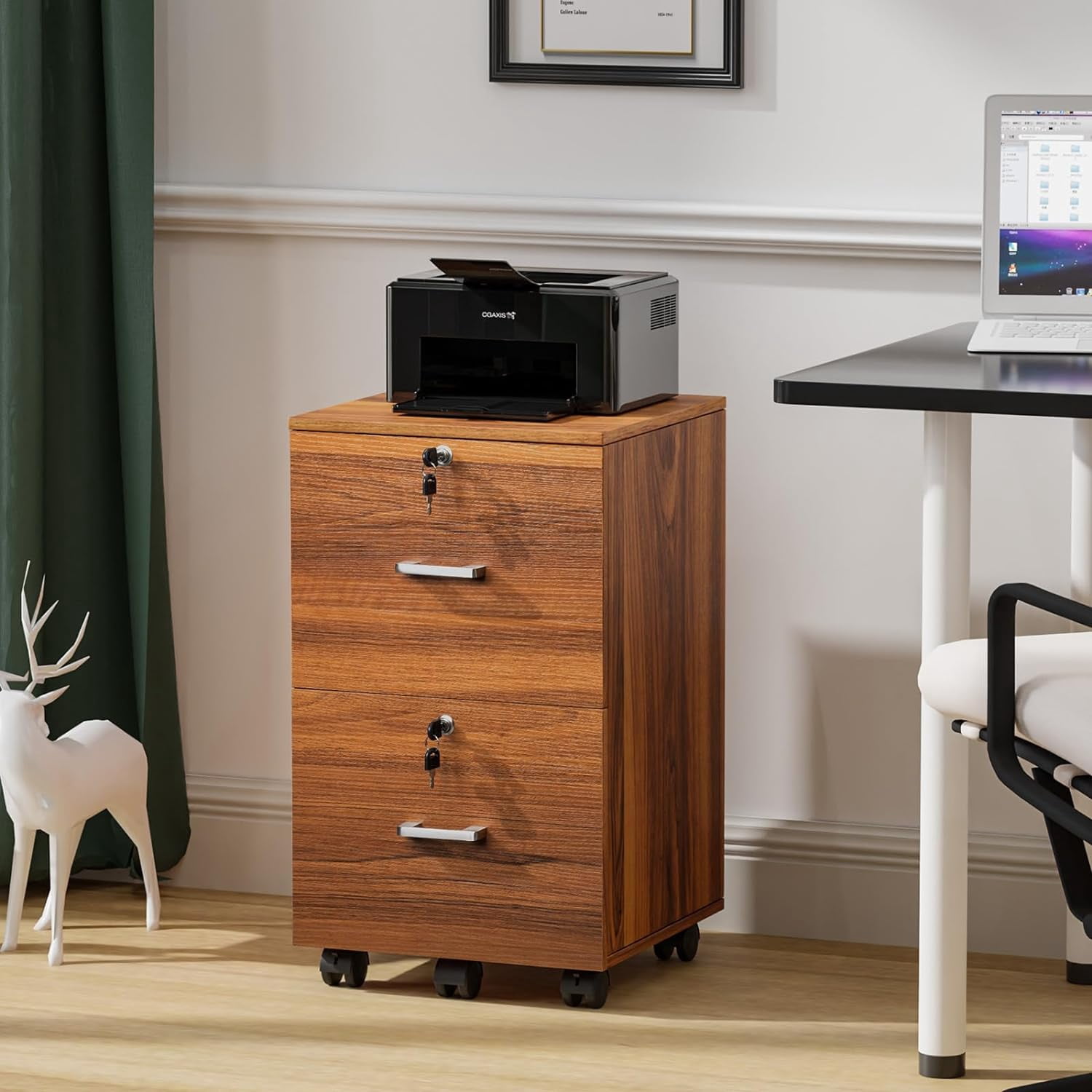 Rolling File Cabinet with Lock - 2-Drawer Wood Filing Cabinet for ...
