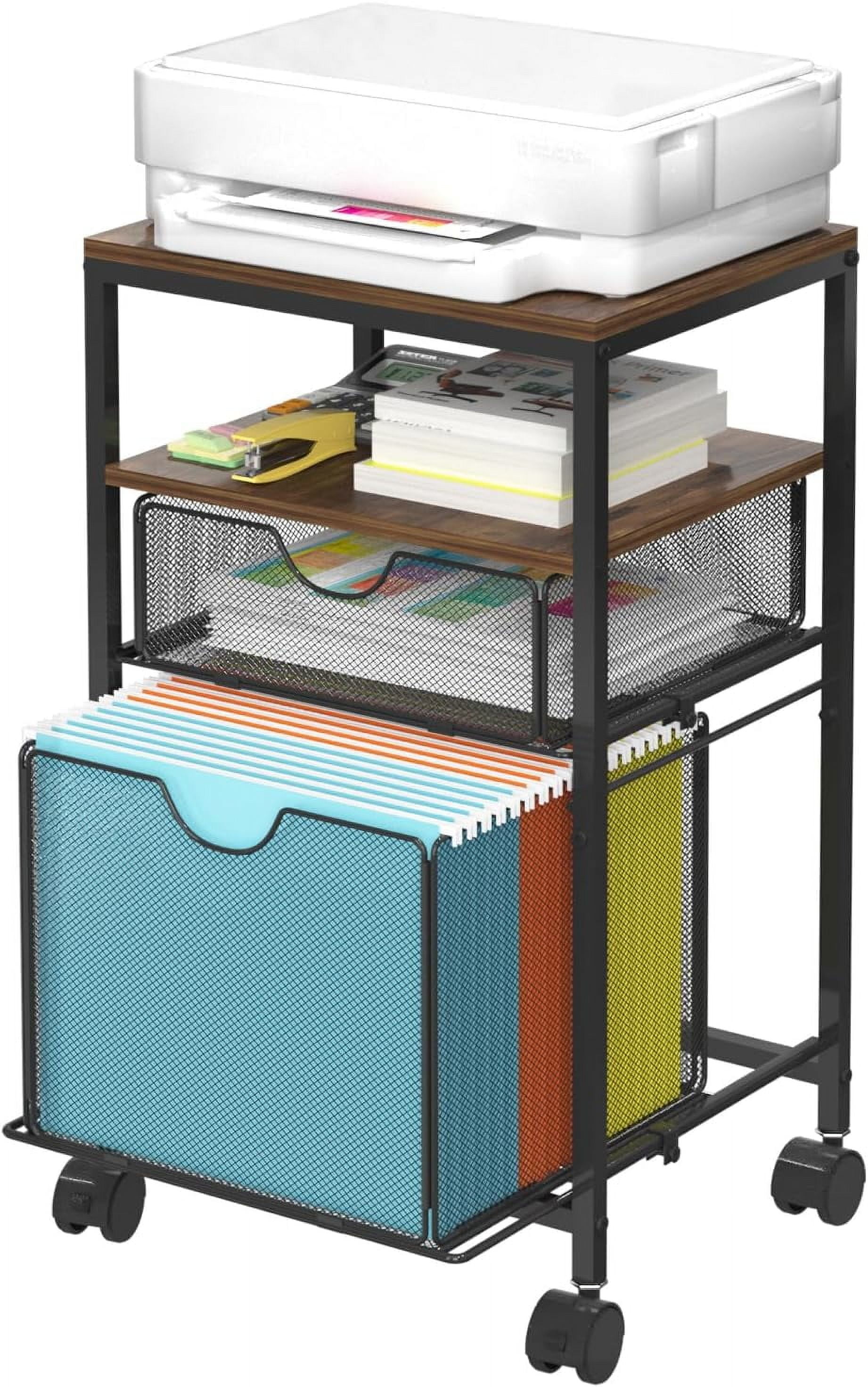 Rolling File Cart with 2 Storage Drawers, Wood & Mesh Hanging File ...