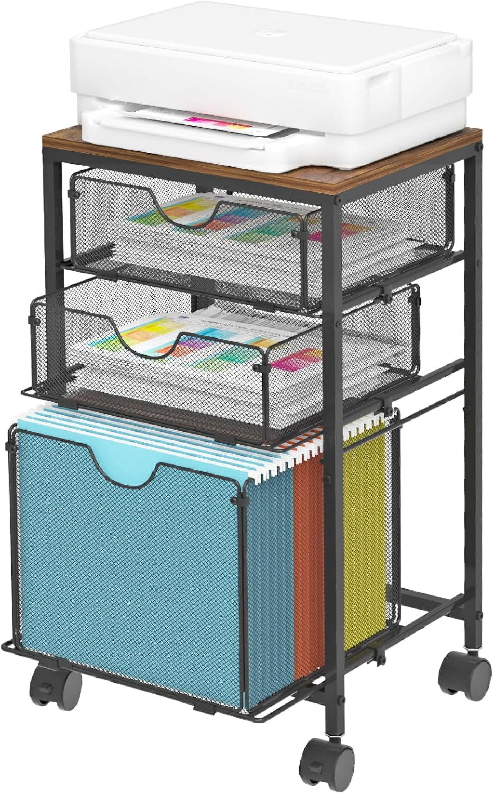 Rolling File Cart with 3 Storage Drawers, Wood & Mesh Hanging File ...