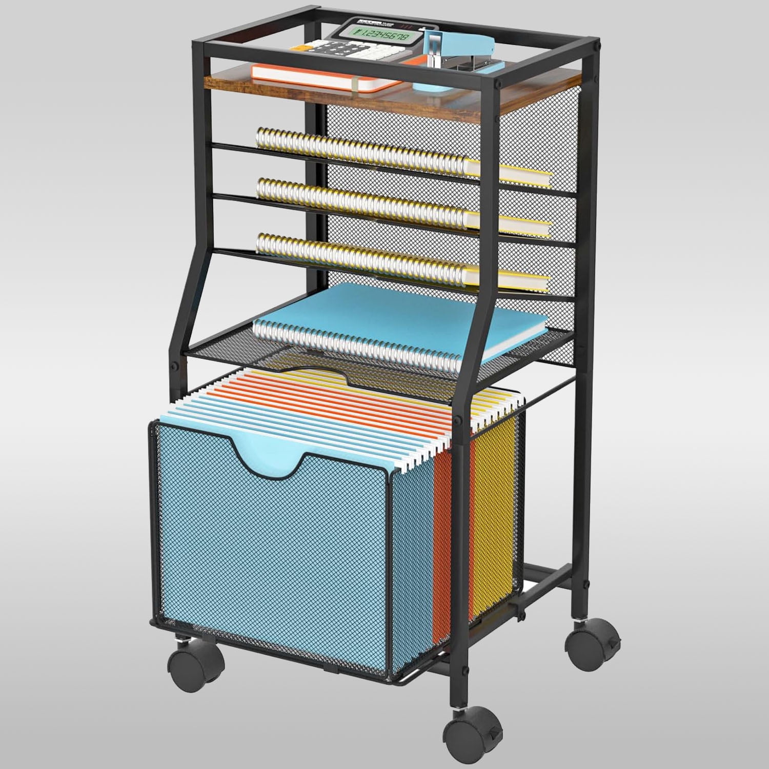 Rolling File Cart, 6-Tier Desk File Organizer on Lockable Wheels, Brown ...