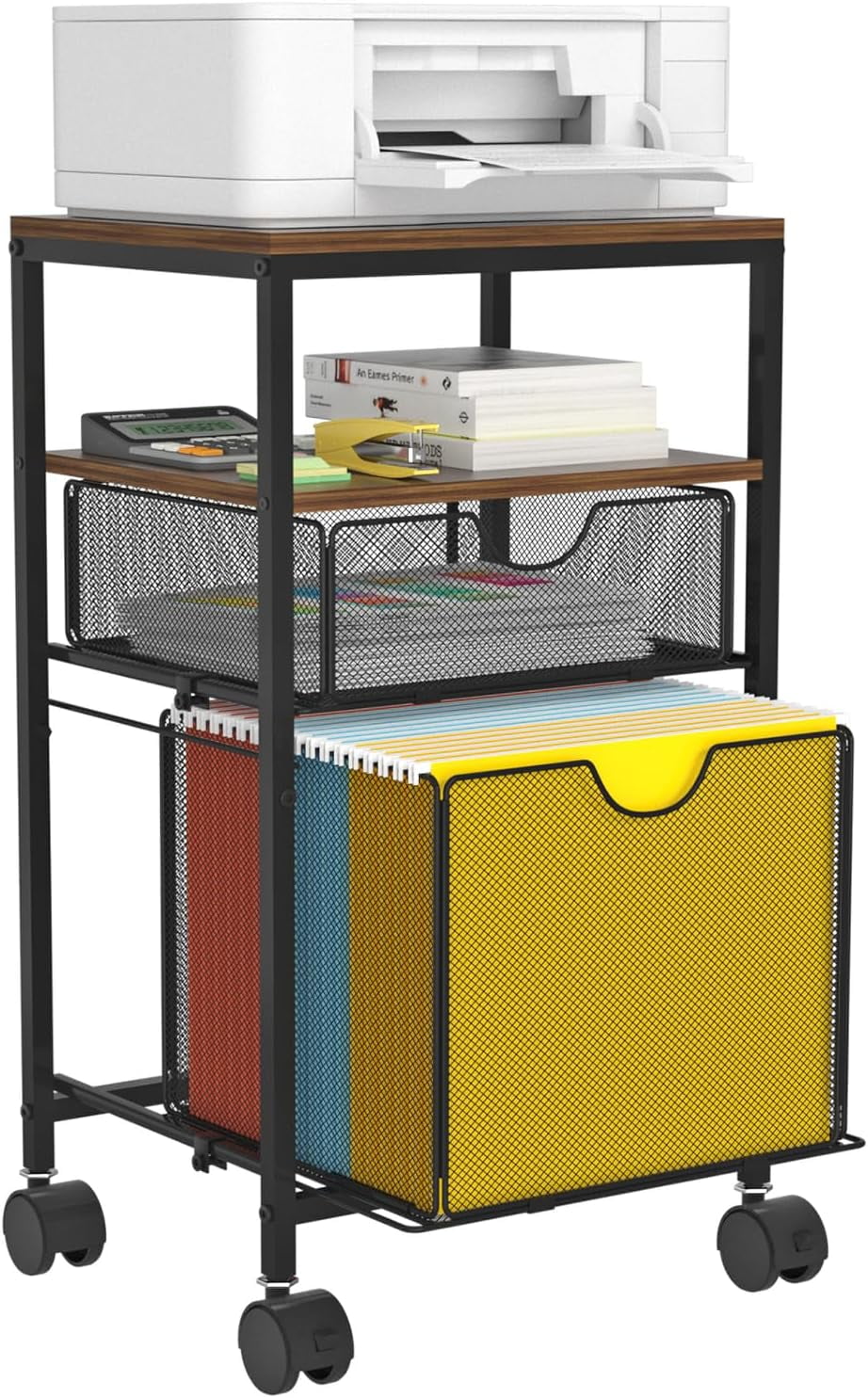 Rolling File Cart, File Cart for Under Desk Storage, Mobile Wood & Mesh ...