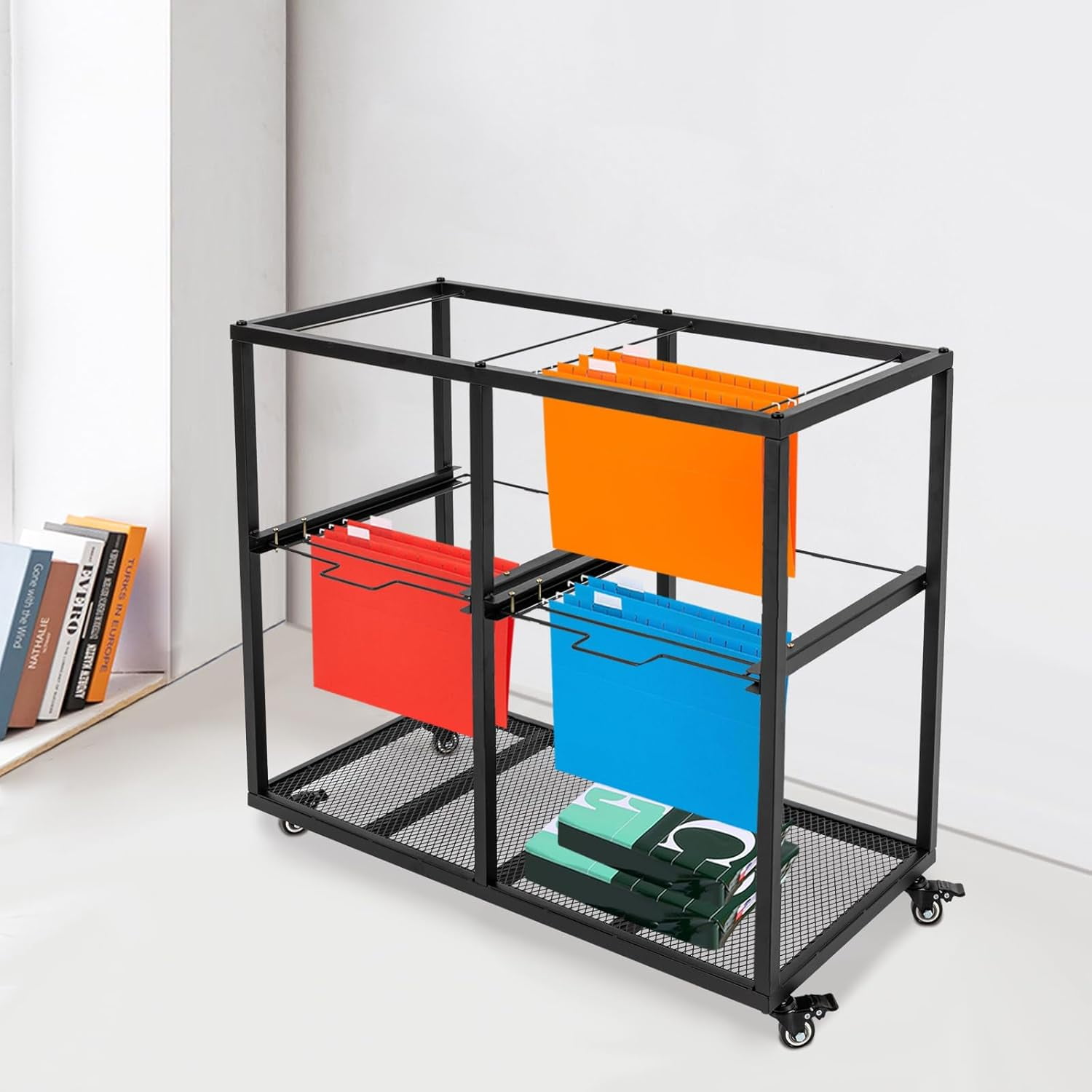 Rolling File Cart with Lockable Wheels 2 Tiers 4 Compartments Hanging ...