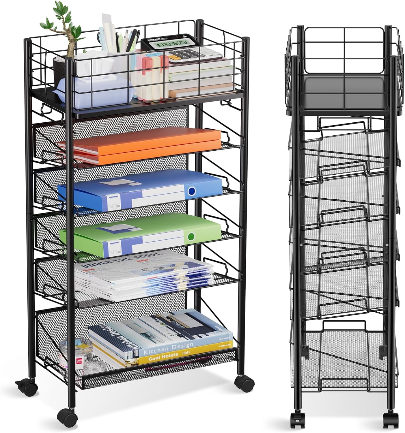Rolling File Cart with Wheels, 6 Tier Metal Rolling File Organizer Cart ...
