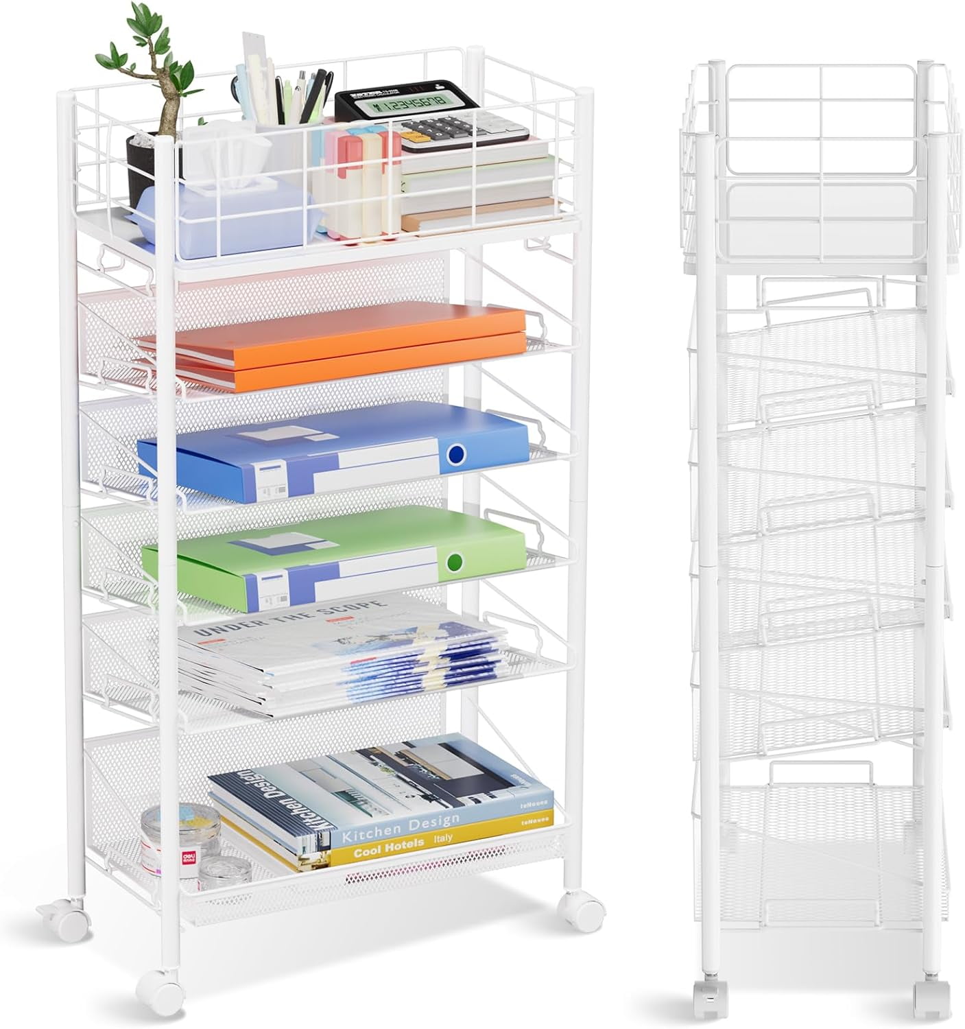 Rolling File Cart with Wheels, 6 Tier Metal Rolling File Organizer Cart ...