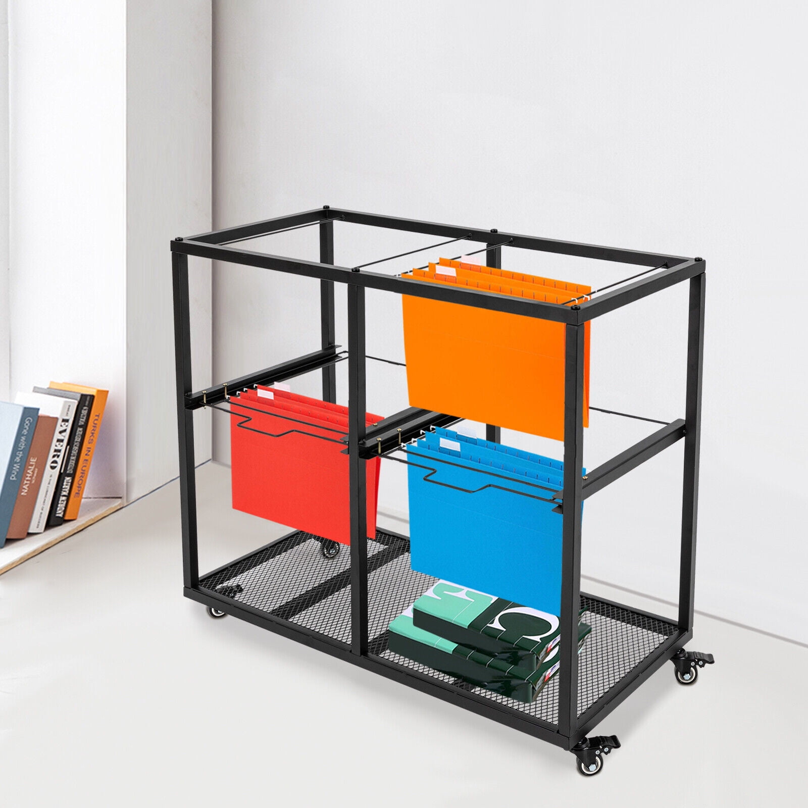 Rolling File Cart with Lockable Wheels 2 Tiers 4 Compartments Hanging ...