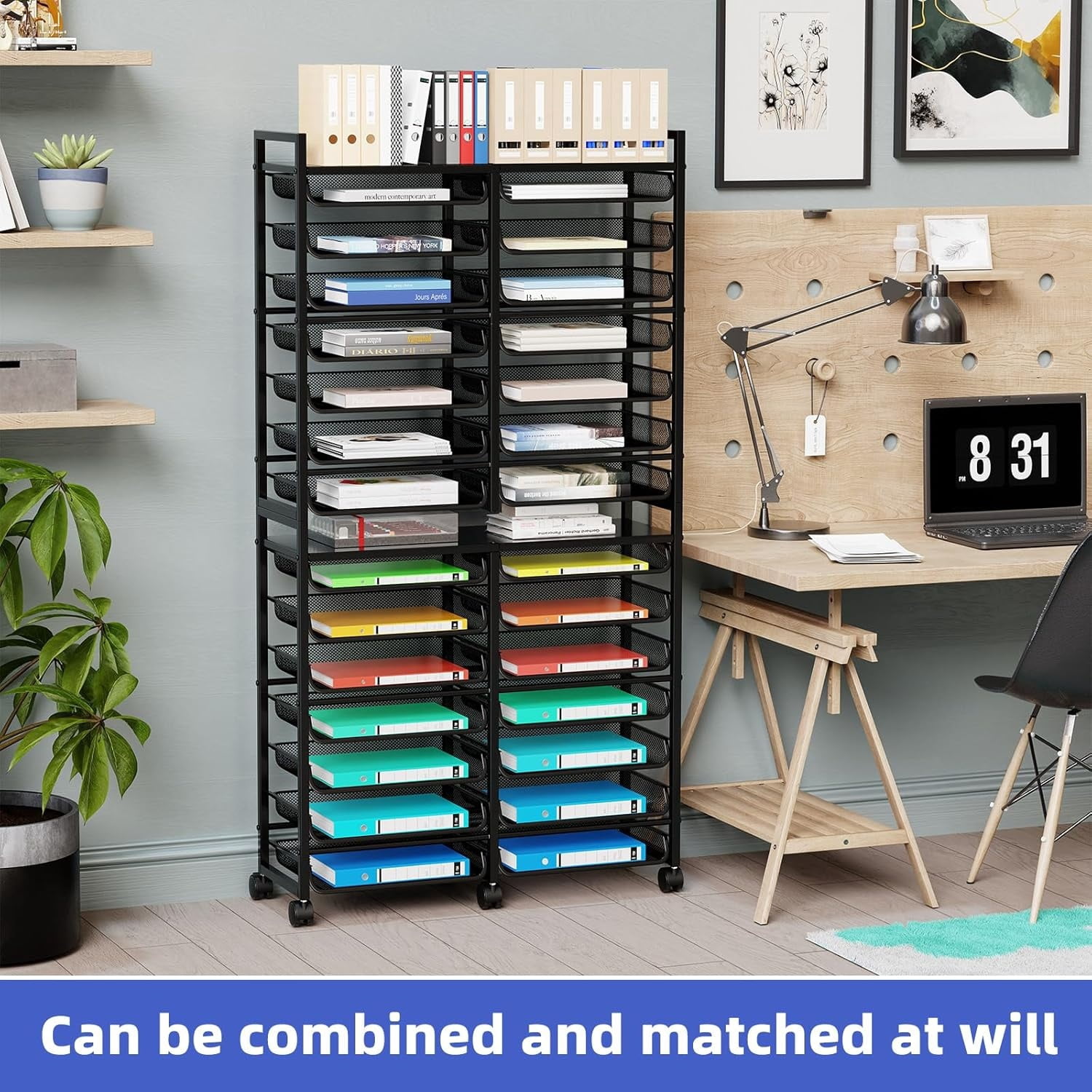 Rolling File Storage Cart, 15-Tier Metal Desk File Organizer with 14 ...