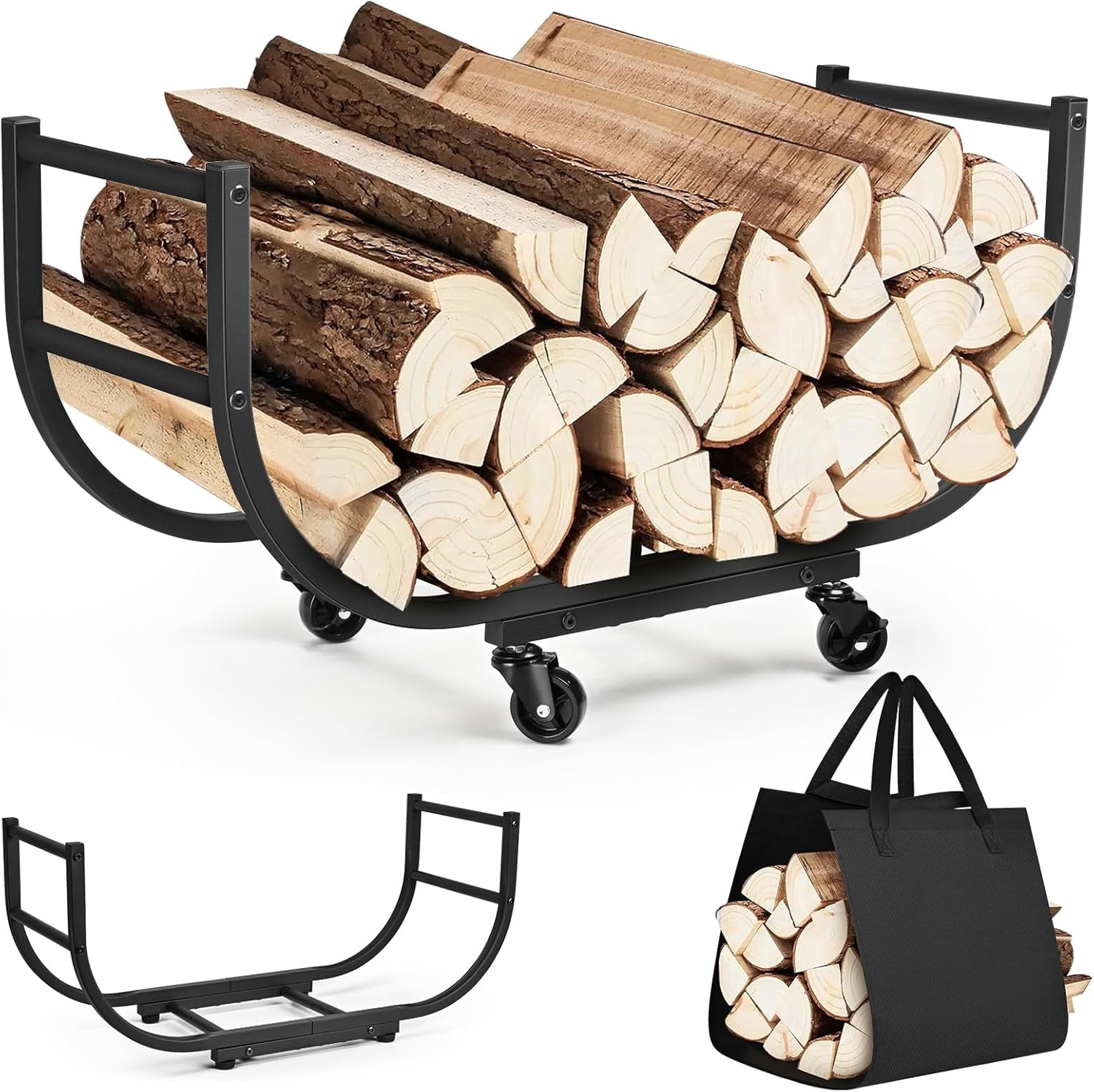 Rolling Firewood Rack with Wheels, 24 Inch Heavy-Duty Indoor Outdoor ...