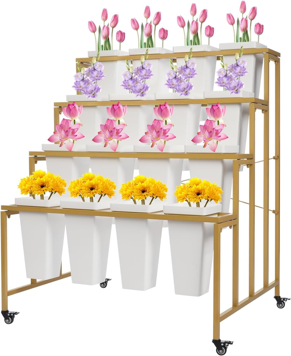 Rolling Flower Display Stand with 16 Buckets, 4 Layers Metal Flower ...