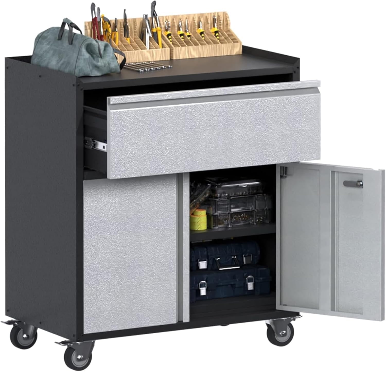 Rolling Garage Storage Cabinet with Door and Drawer, Lockable Metal ...