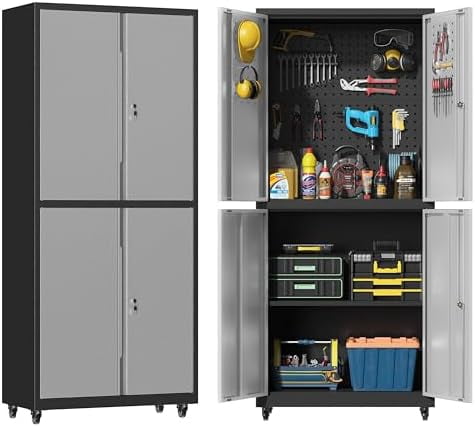 Rolling Garage Storage Cabinet with Wheels and Pegboard,Metal Storage ...
