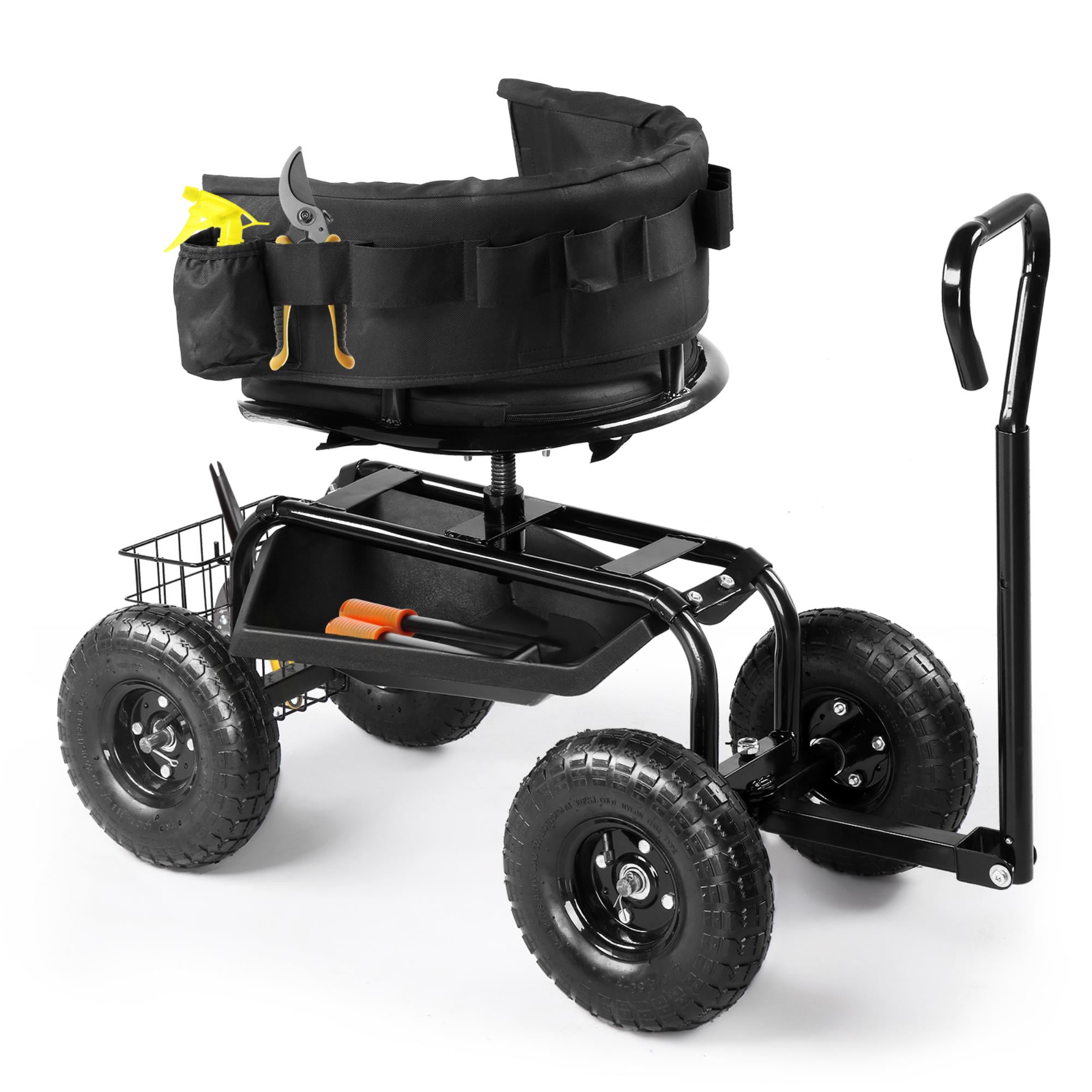 Rolling Garden Cart with 360° Swivel Seat, Cushioned Backrest & Tool ...