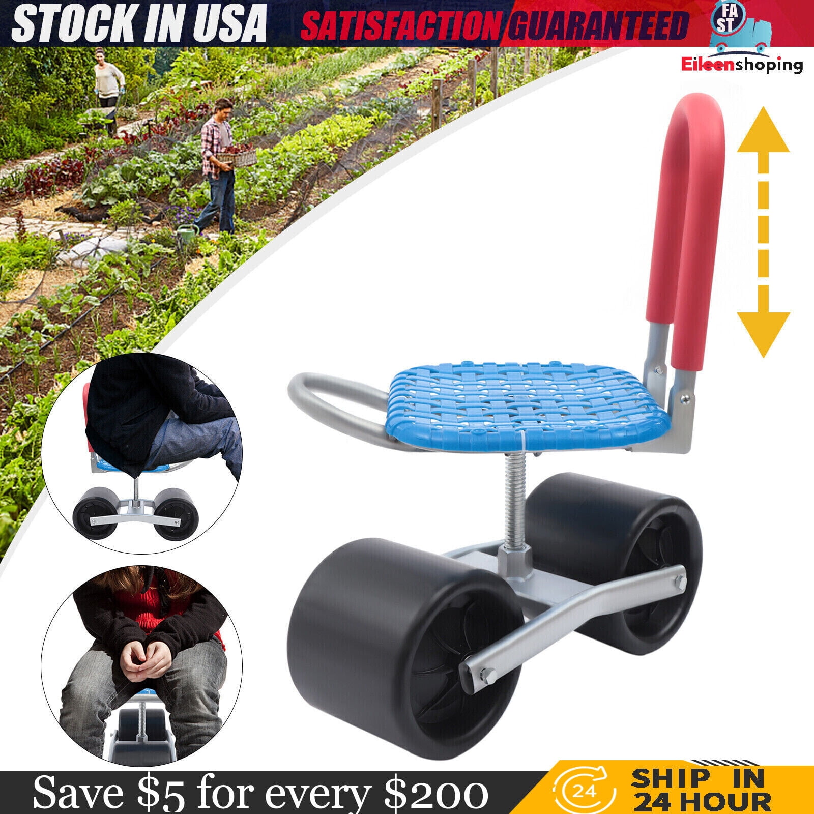 Rolling Garden Scooter Garden Cart Seat With Wheels 360 Swivel Seat ...