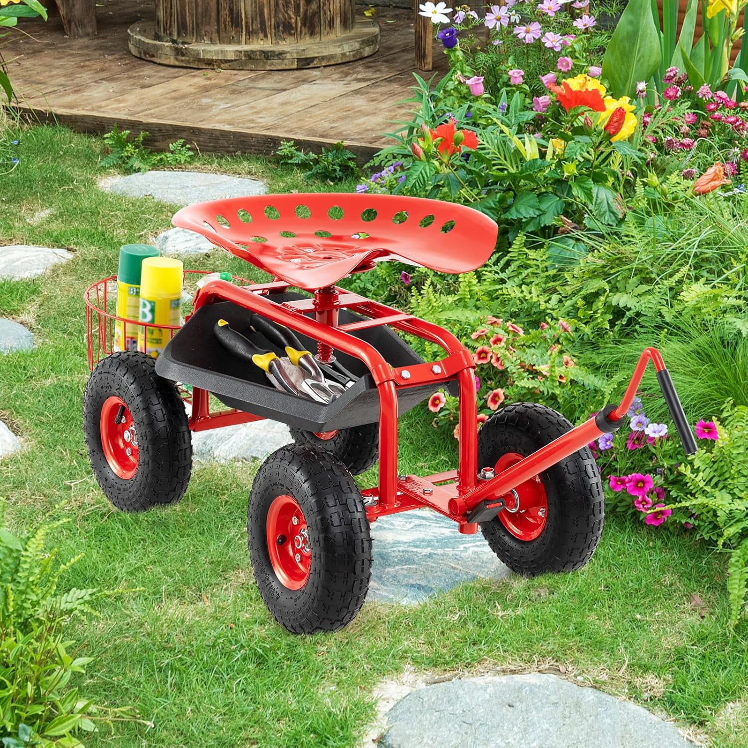 Rolling Garden Seat, Garden Stool with Wheels, Extendable Handle ...