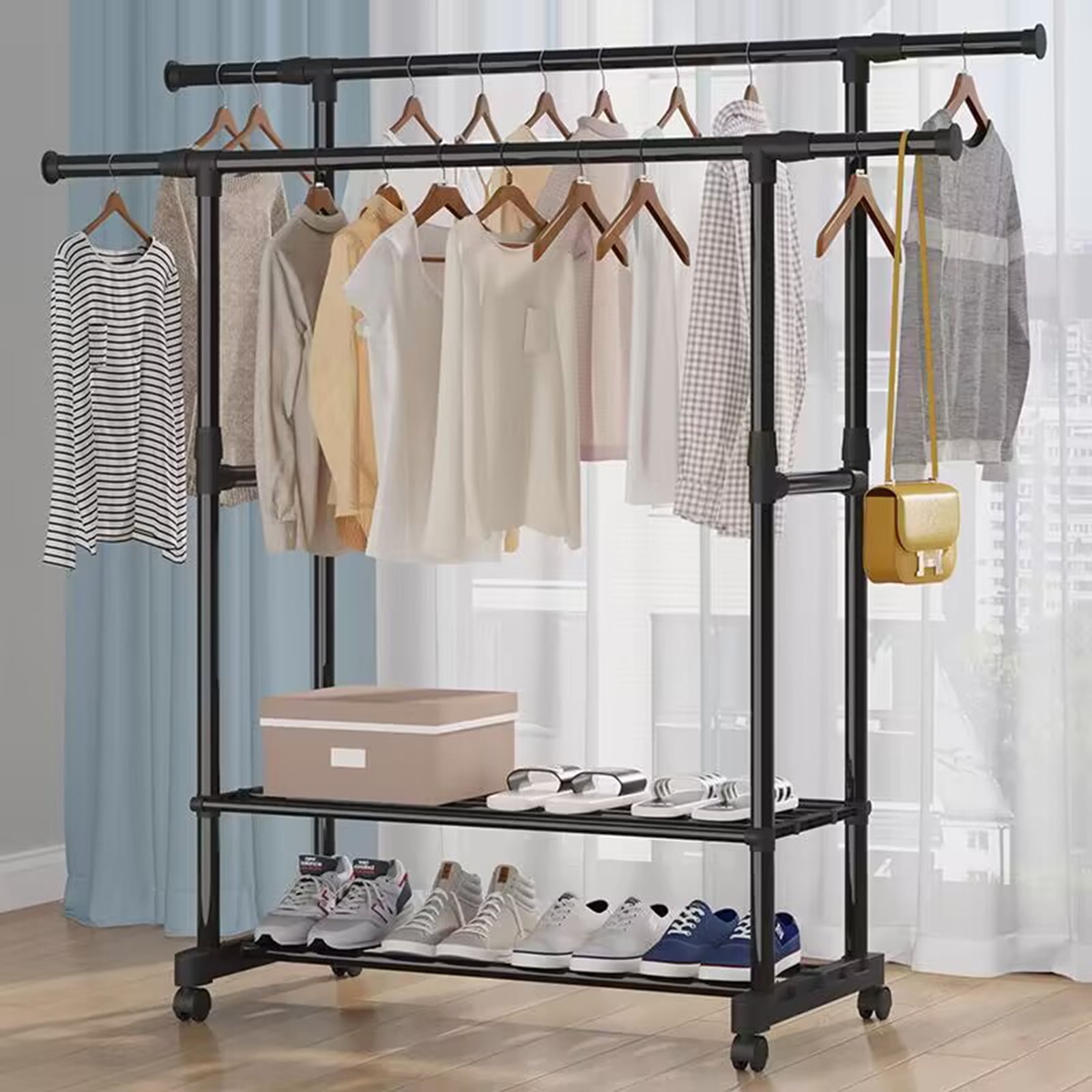 Rolling Garment Hanging Rack Clothes Organizer Heavy Duty Coat Rack ...