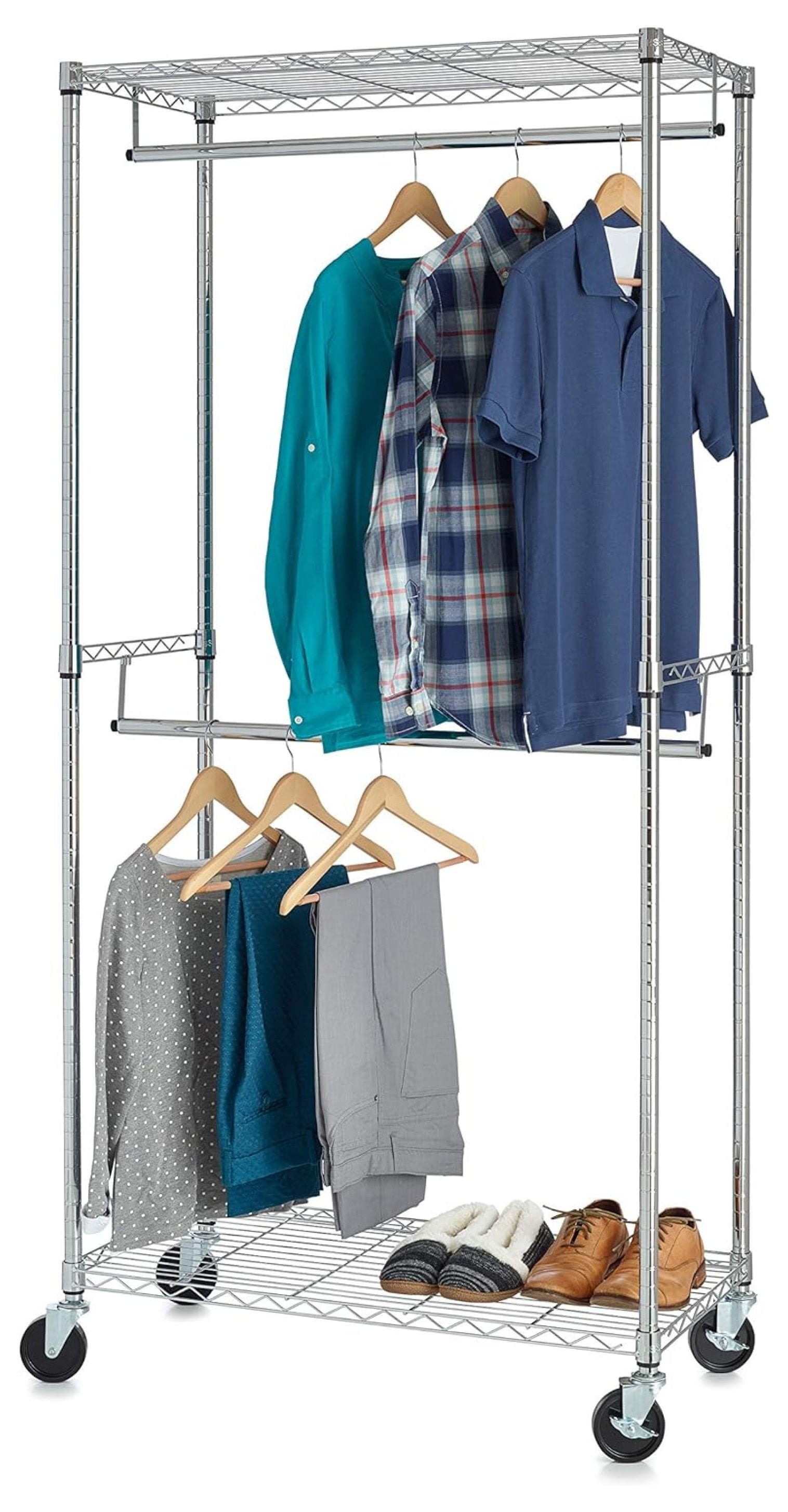 Rolling Garment Rack Clothes Rack with Double Hanger Rods and Shelves ...