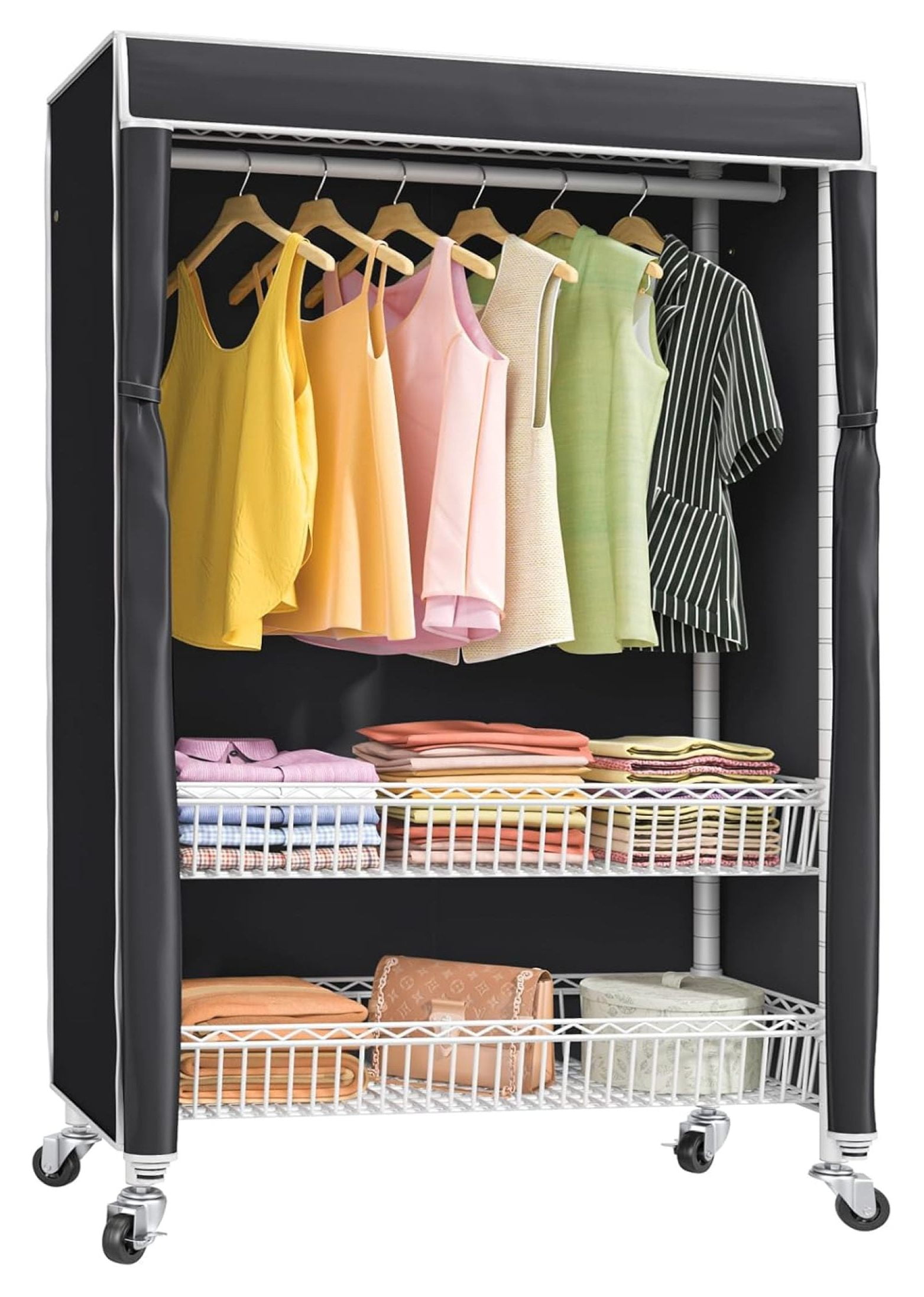 Rolling Garment Rack with Cover and Wheel, Heavy Duty Rolling Clothes ...