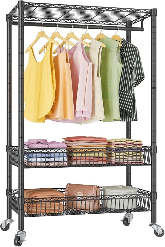 Rolling Garment Rack with Cover and Wheels, Heavy Duty Rolling Clothes ...