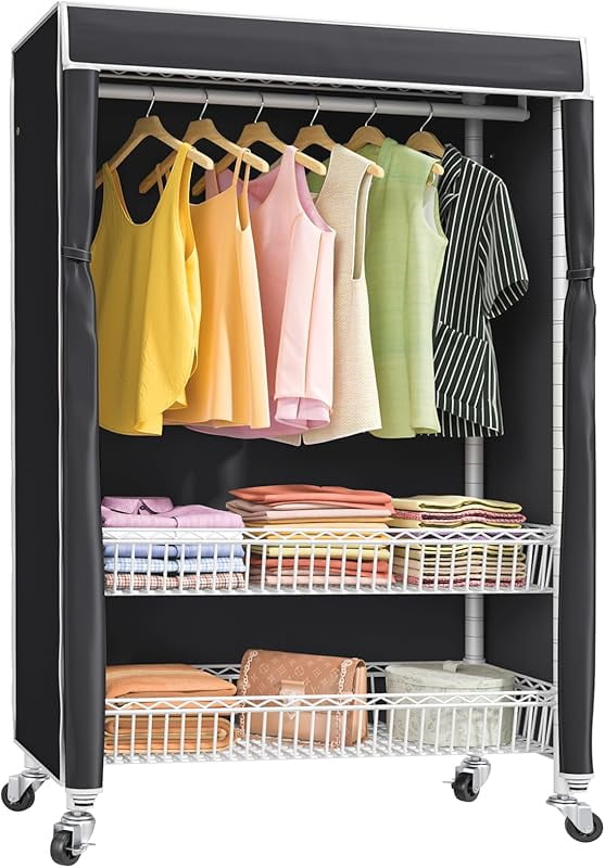 Rolling Garment Rack with Cover and Wheels, Heavy Duty Rolling Clothes ...