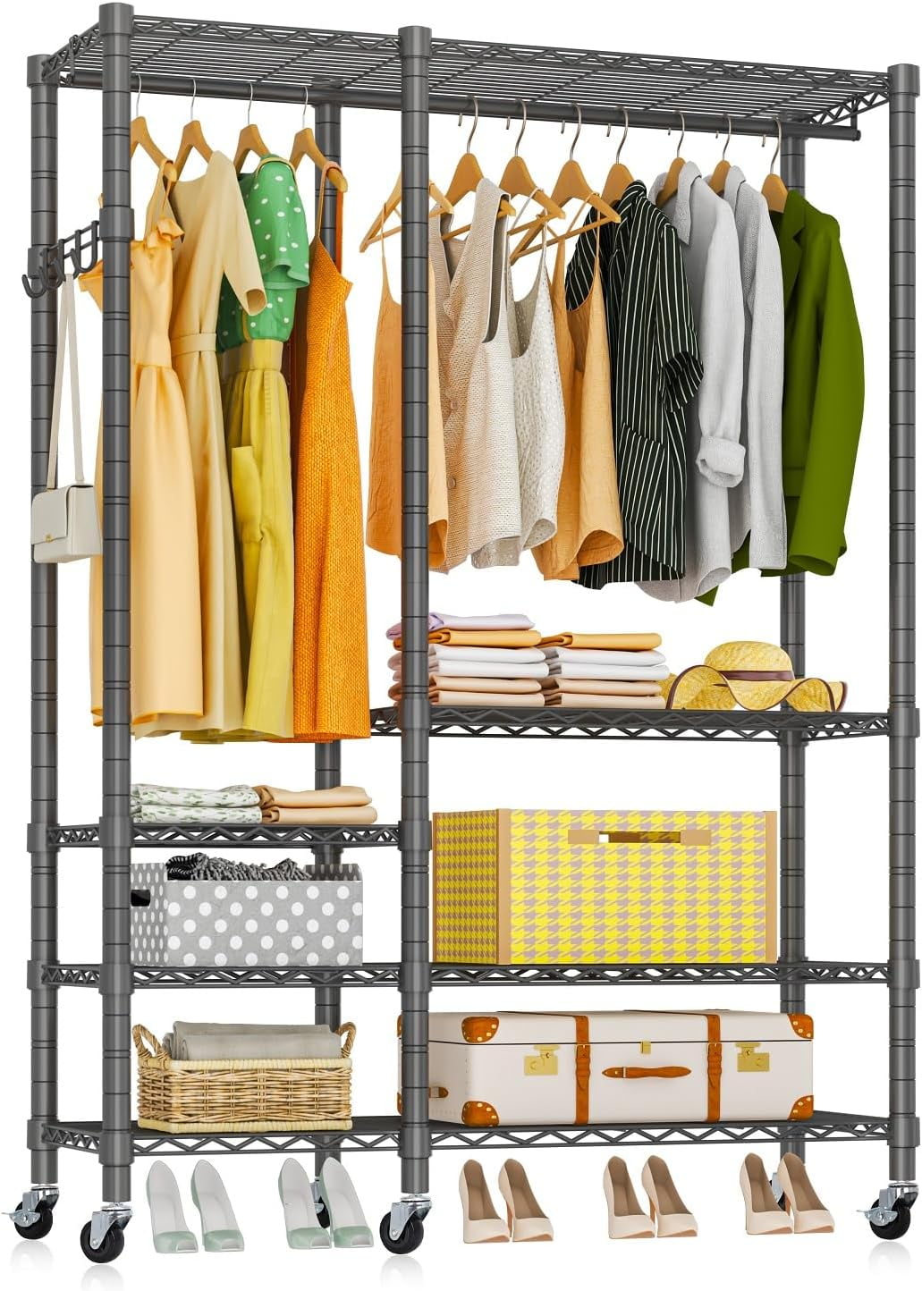 Rolling Garment Rack, Metal Heavy Duty 5 Tiers Adjustable Wire Shelves ...