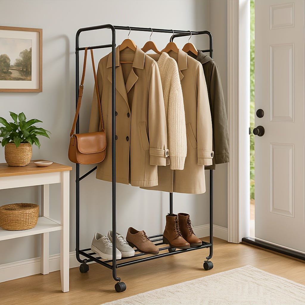 Rolling Garment Rack With Shelf, Freestanding Metal Clothes Organizer ...