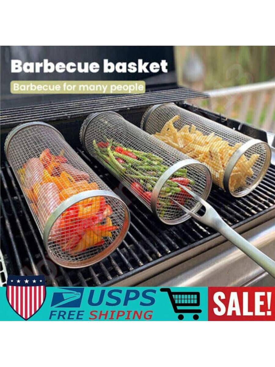 Rolling Grill Basket for Outdoor BBQ, Stainless Steel Cylinder Barbecue ...