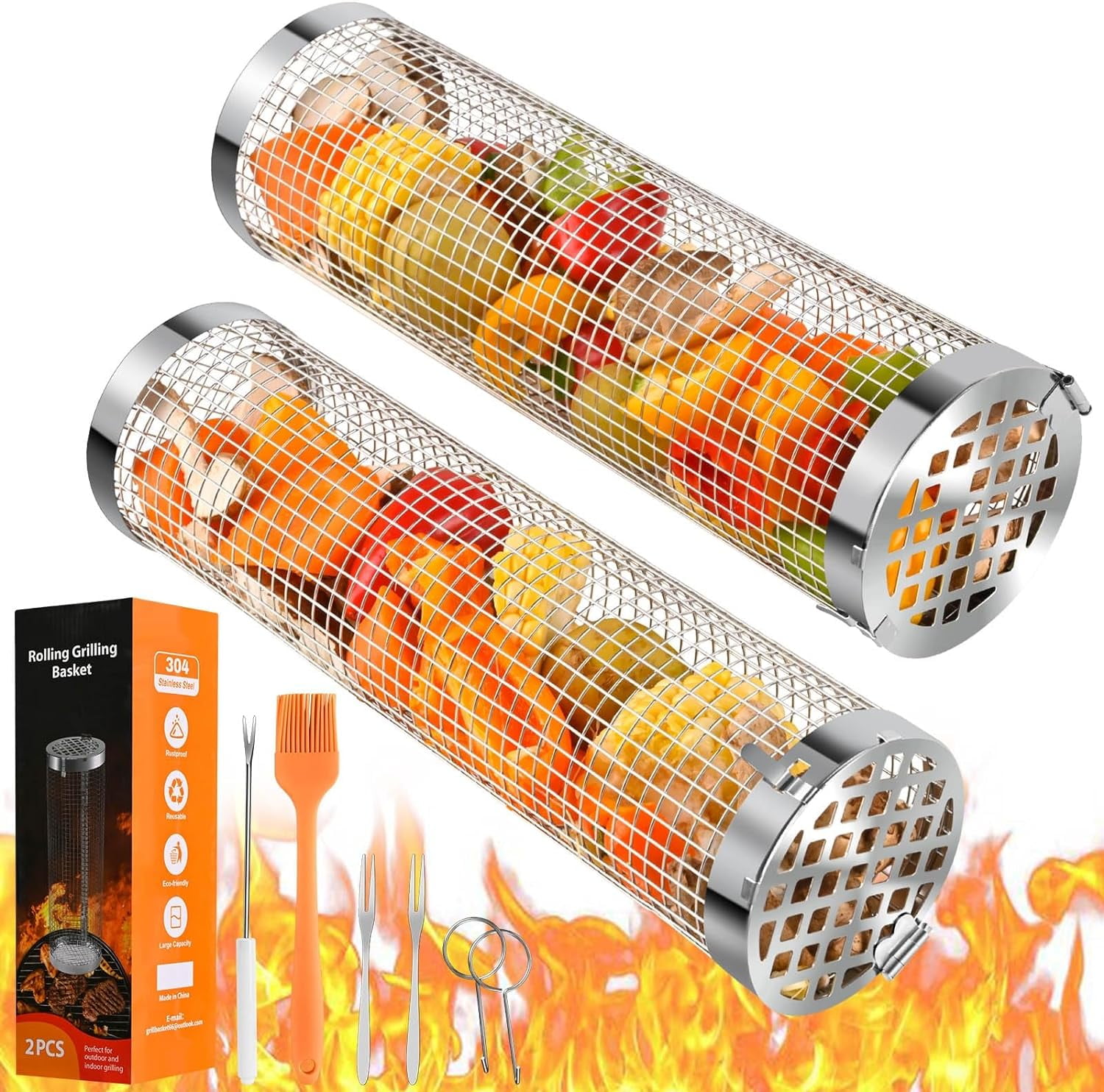 Rolling Grill Baskets, 2Pack Outdoor Veggies Grill BBQ Net Tube Tools ...