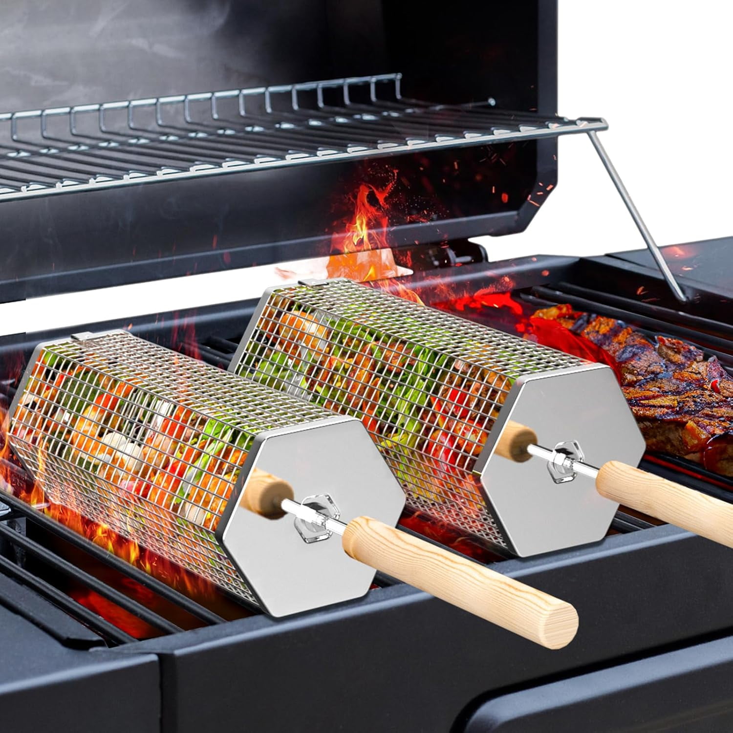 Rolling Grill Baskets Removable Wooden Handle, Stainless Steel, Nesting ...