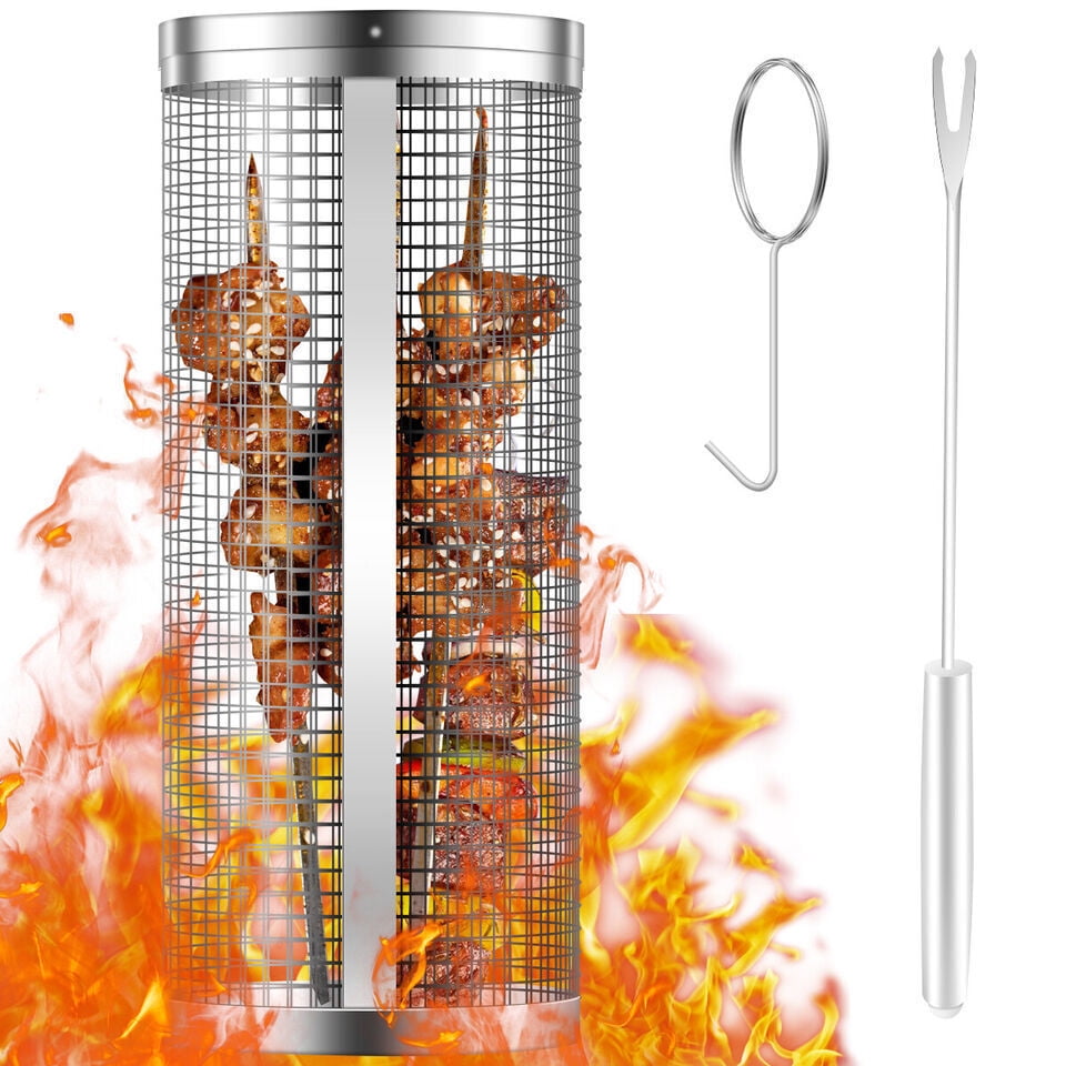 Rolling Grilling Basket BBQ Net Tube Round Stainless Steel Grill Mesh ...