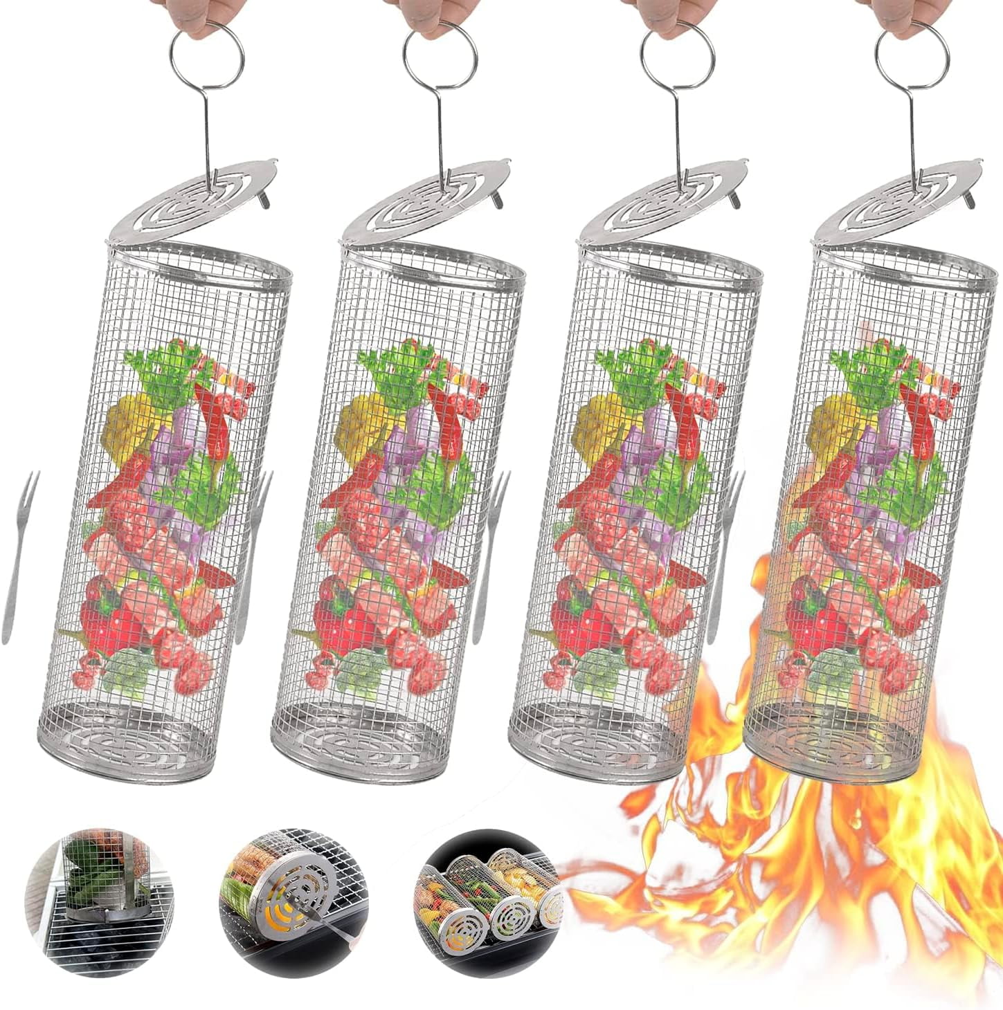 Rolling Grilling Basket- Round Stainless Steel BBQ Grill Mesh Rolling ...