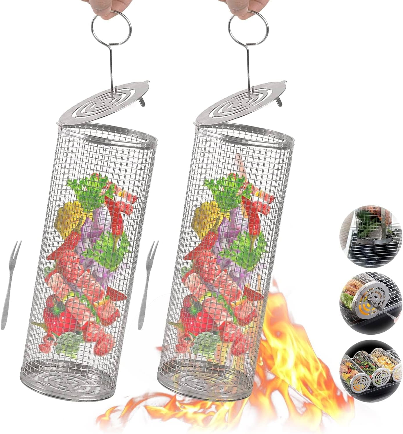 Rolling Grilling Basket- Round Stainless Steel BBQ Grill Mesh Rolling ...
