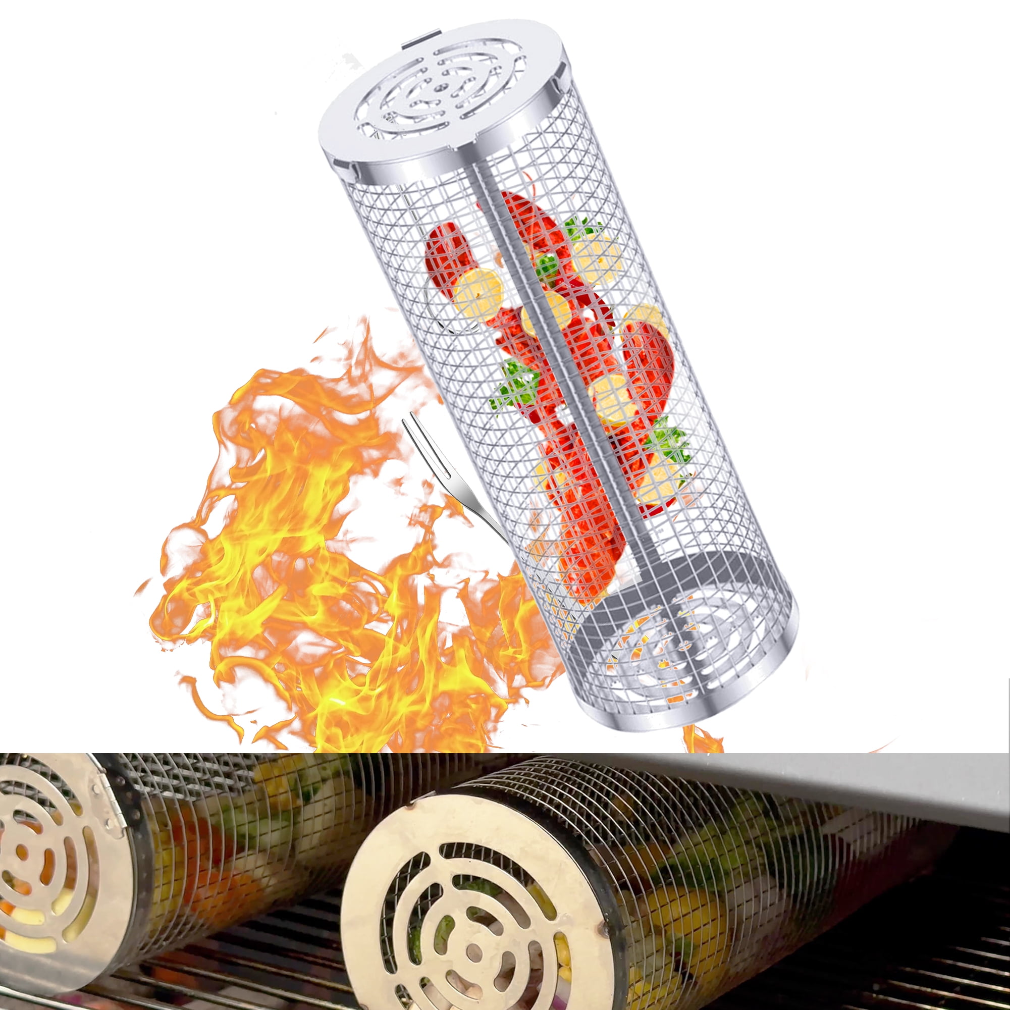 Rolling Grilling Basket- Round Stainless Steel BBQ Mesh Rolling BBQ ...