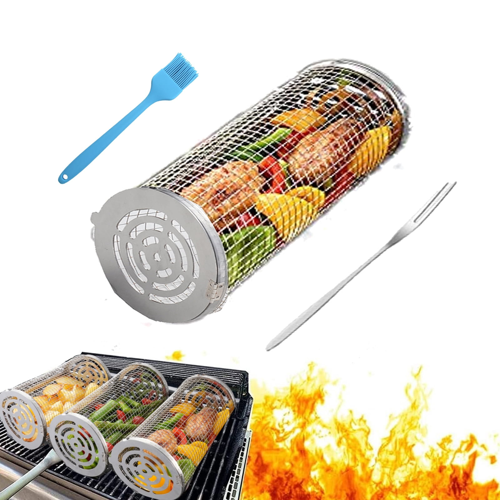 Rolling Grilling Basket - Stainless Steel BBQ Grill Mesh for Vegetables ...