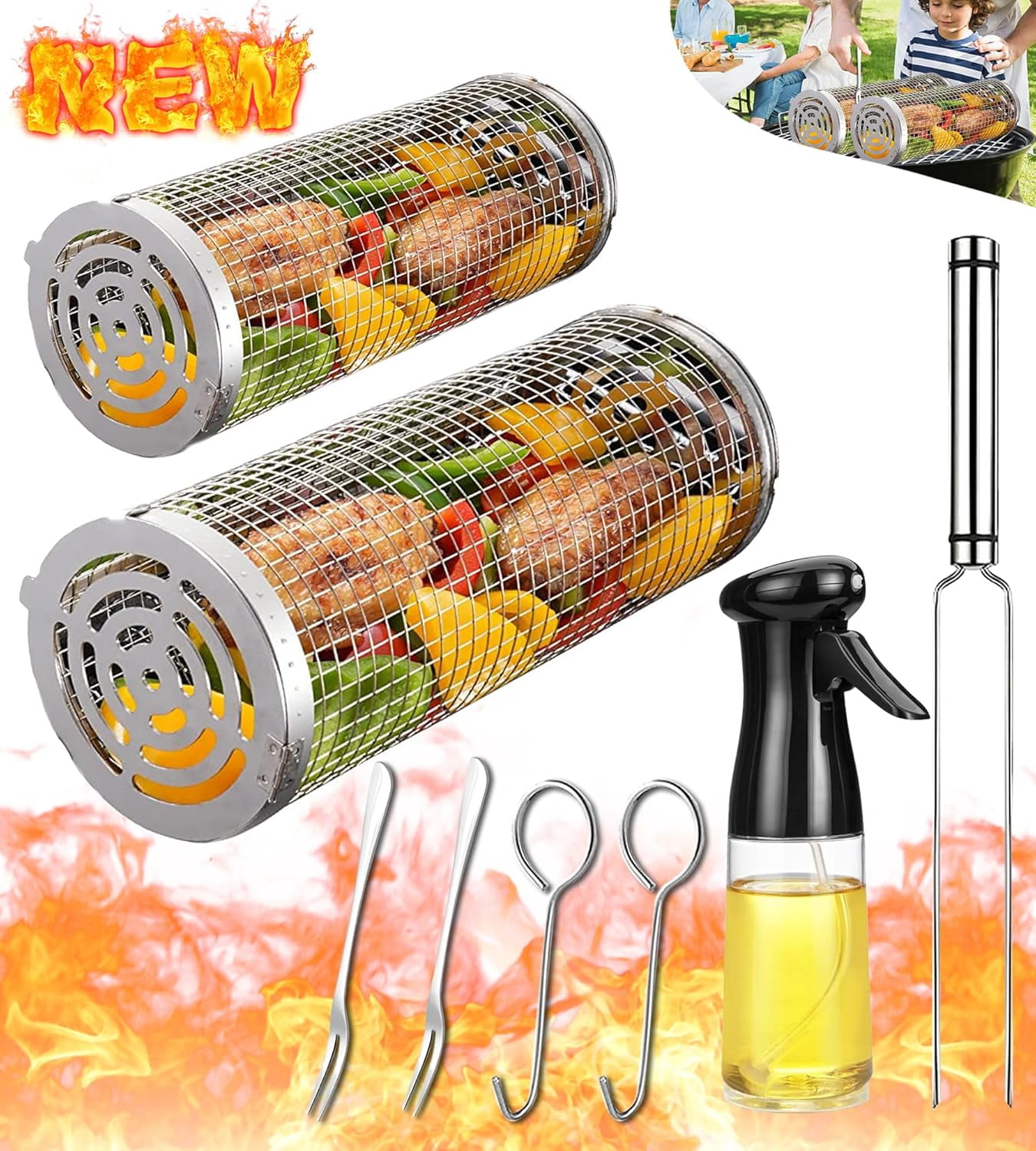 Rolling Grilling Basket Veggies Grill Accessories Bbq Net Tube Tools ...