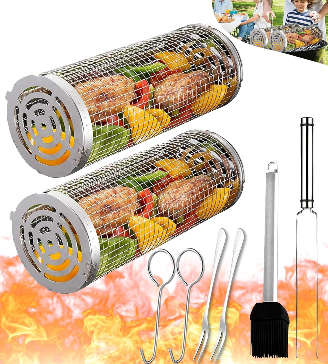 Rolling Grilling Baskets for Outdoor Grill Bbq Net Tube Large Round ...