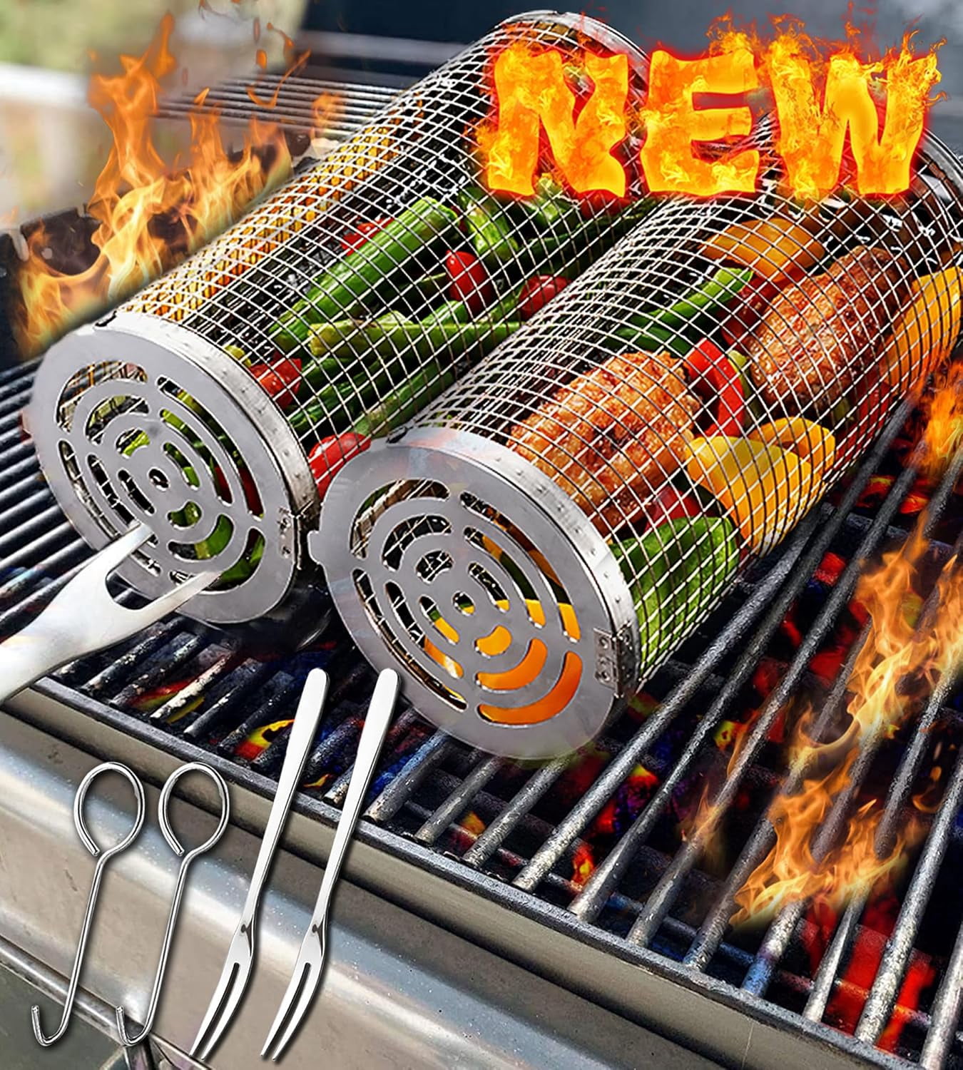 Rolling Grilling Baskets for Outdoor Grill Bbq Net Tube Must Have Large ...